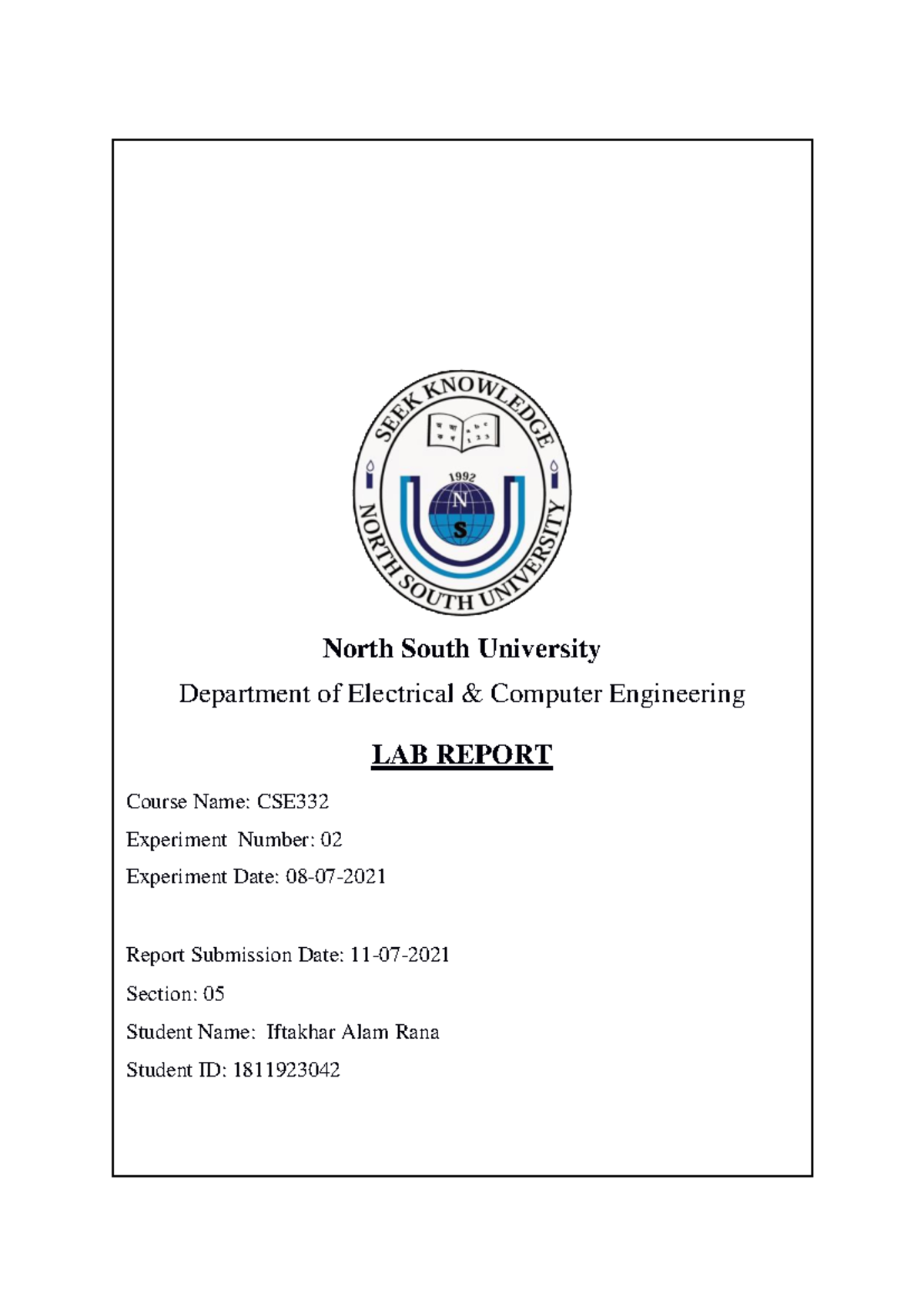 lab report 2 iftakhar rana Computer Architecture & Organization CSE332 - North South University ...