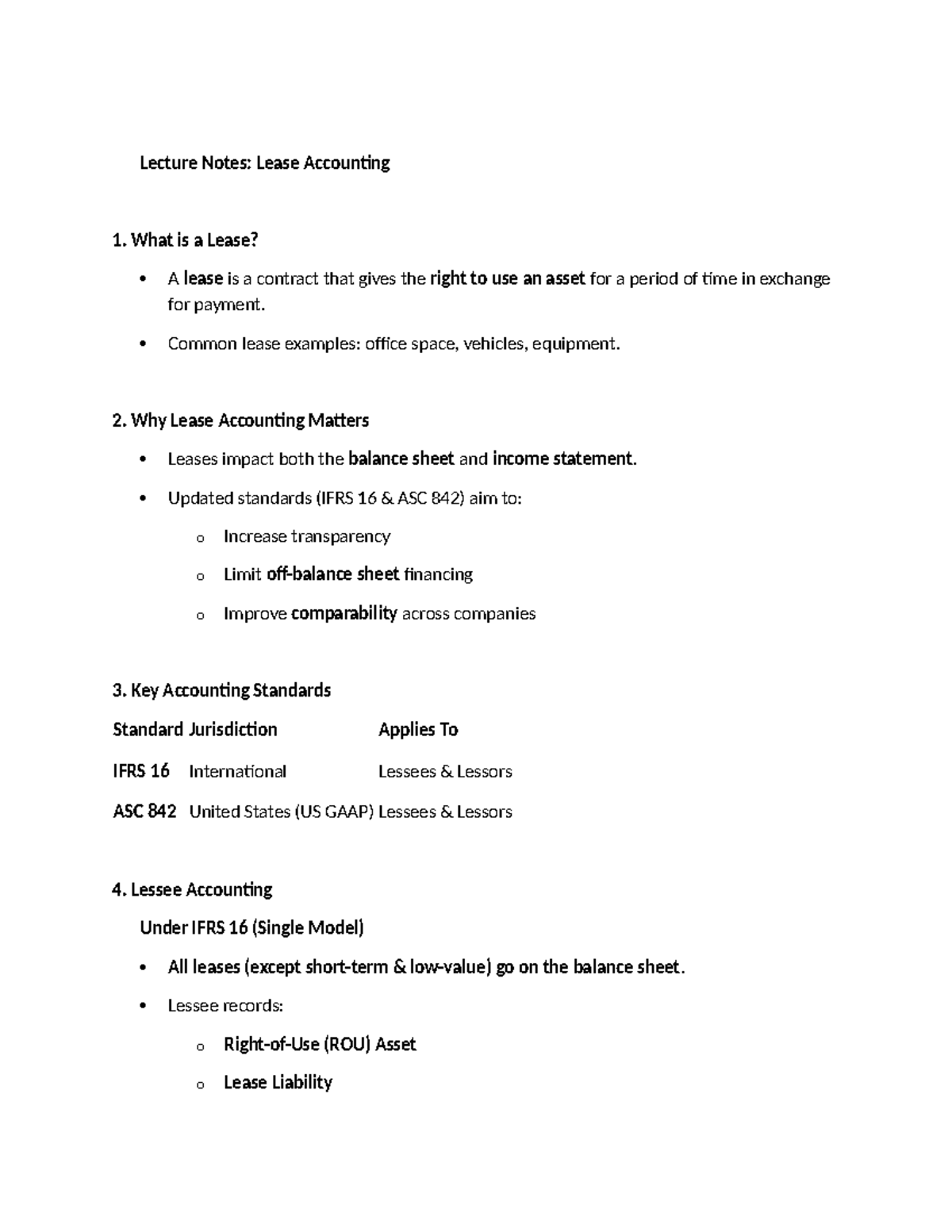 Lecture Notes: Lease Accounting Overview (IFRS 16 & ASC 842) - Studocu