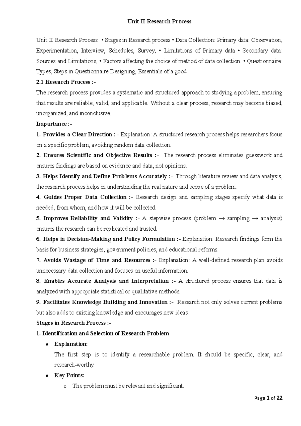Unit II Research Process: Stages and Data Collection Methods - Studocu