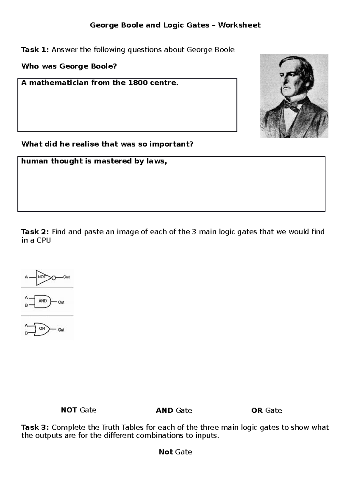 George Boole and Logic Gates - Worksheet 1 Activities - Studocu