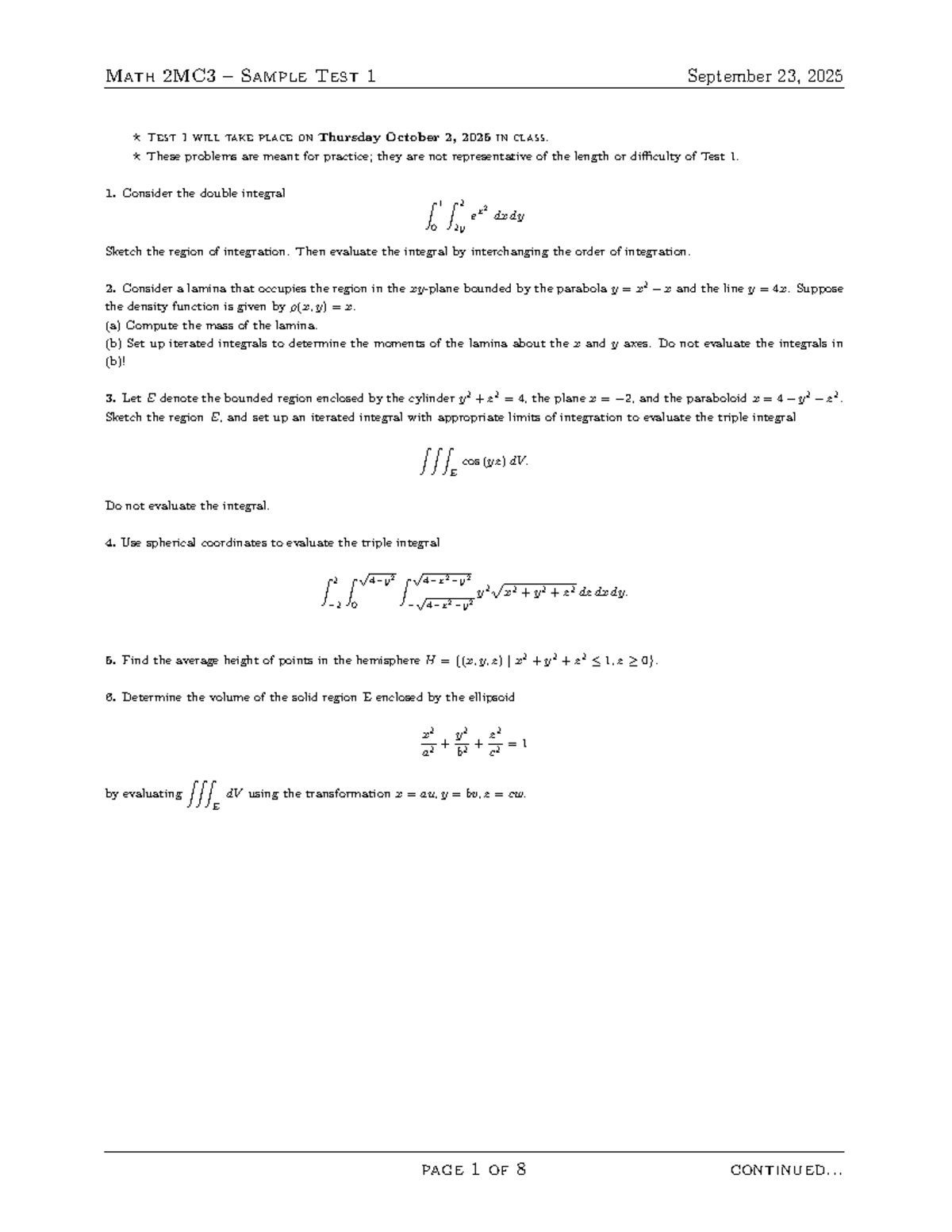 Math 2MC3 Sample Test 1 - Double Integrals & Lamina Problems - Studocu