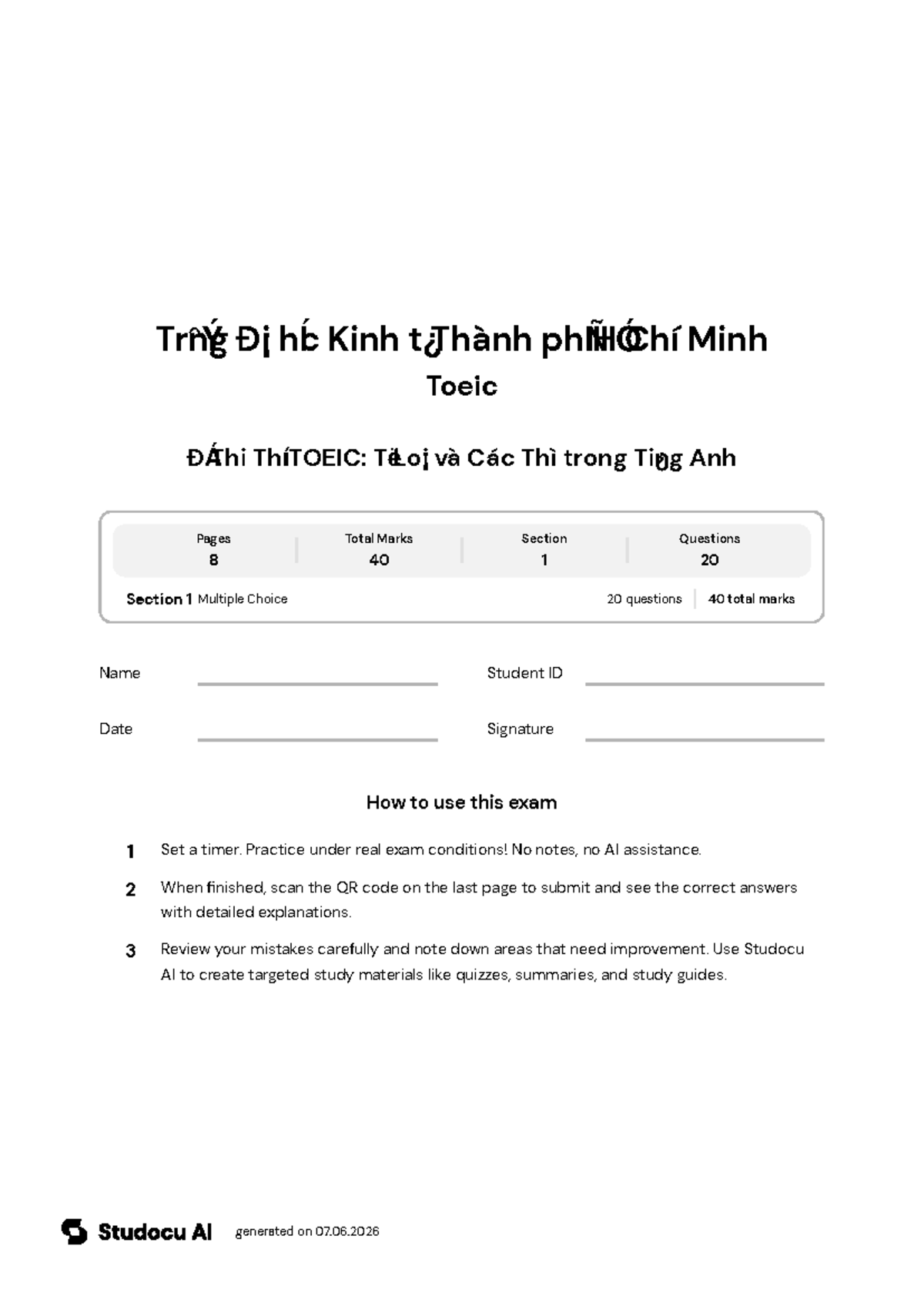 Đề Thi Thử TOEIC: Từ Loại và Các Thì trong Tiếng Anh - Studocu
