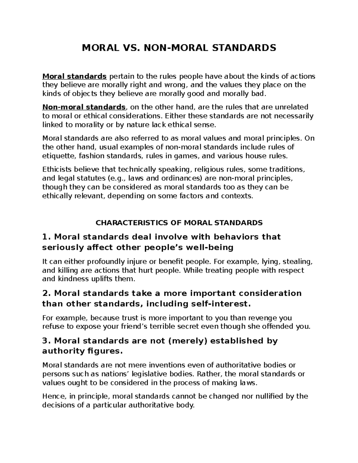 Moral standards vs. Nonmoral Standards - MORAL VS. NON-MORAL STANDARDS ...