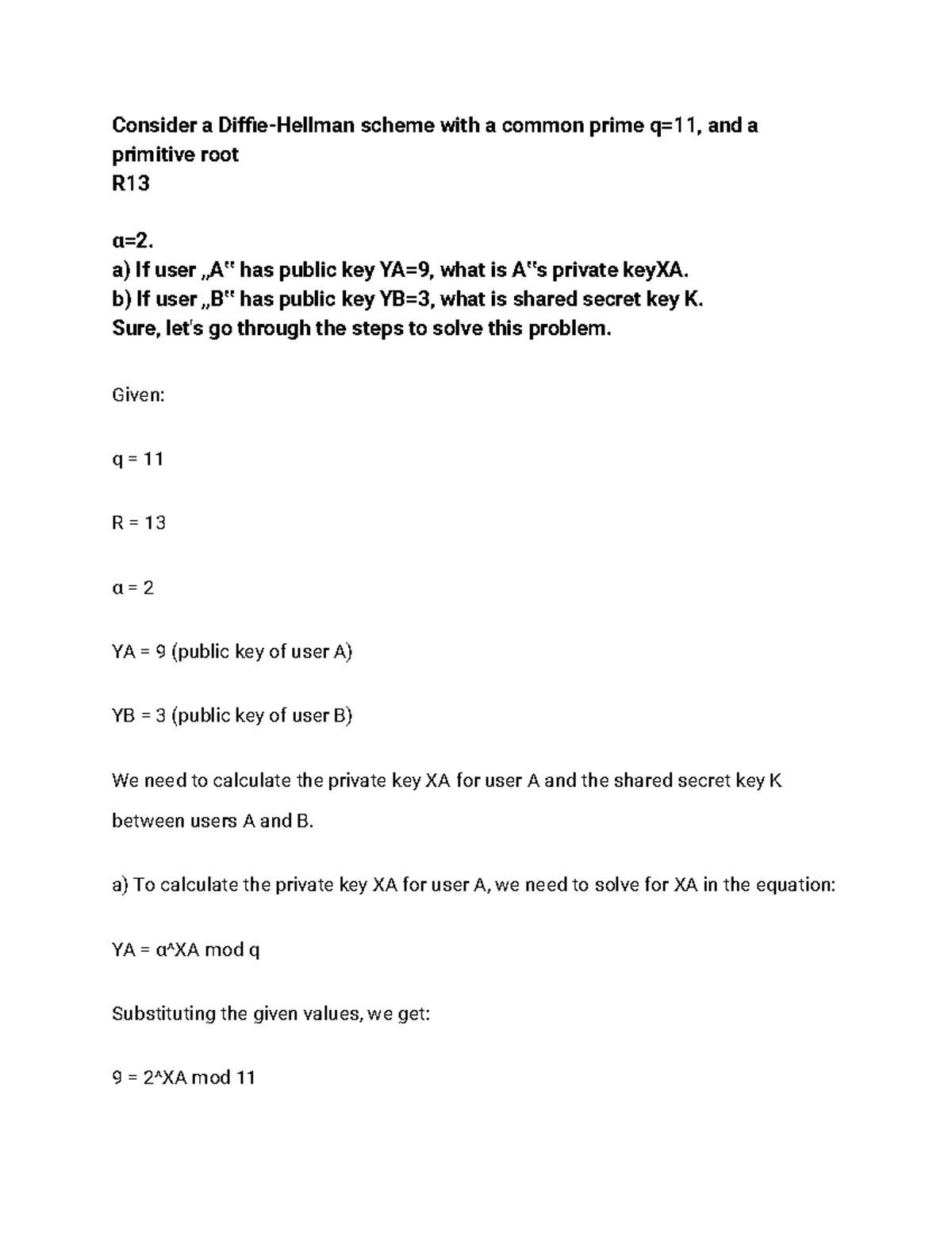 Information Security page 28 (part 05) - Consider a Diffie-Hellman scheme with a common prime q ...