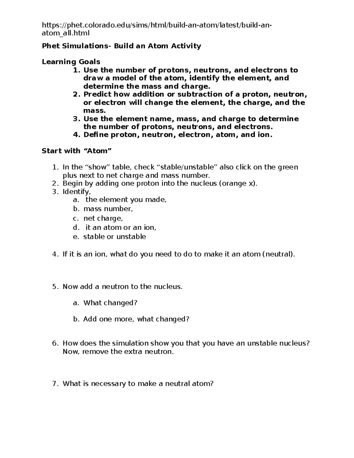 Phet Simulations: Build an Atom Worksheet for Atomic Structure - Studocu