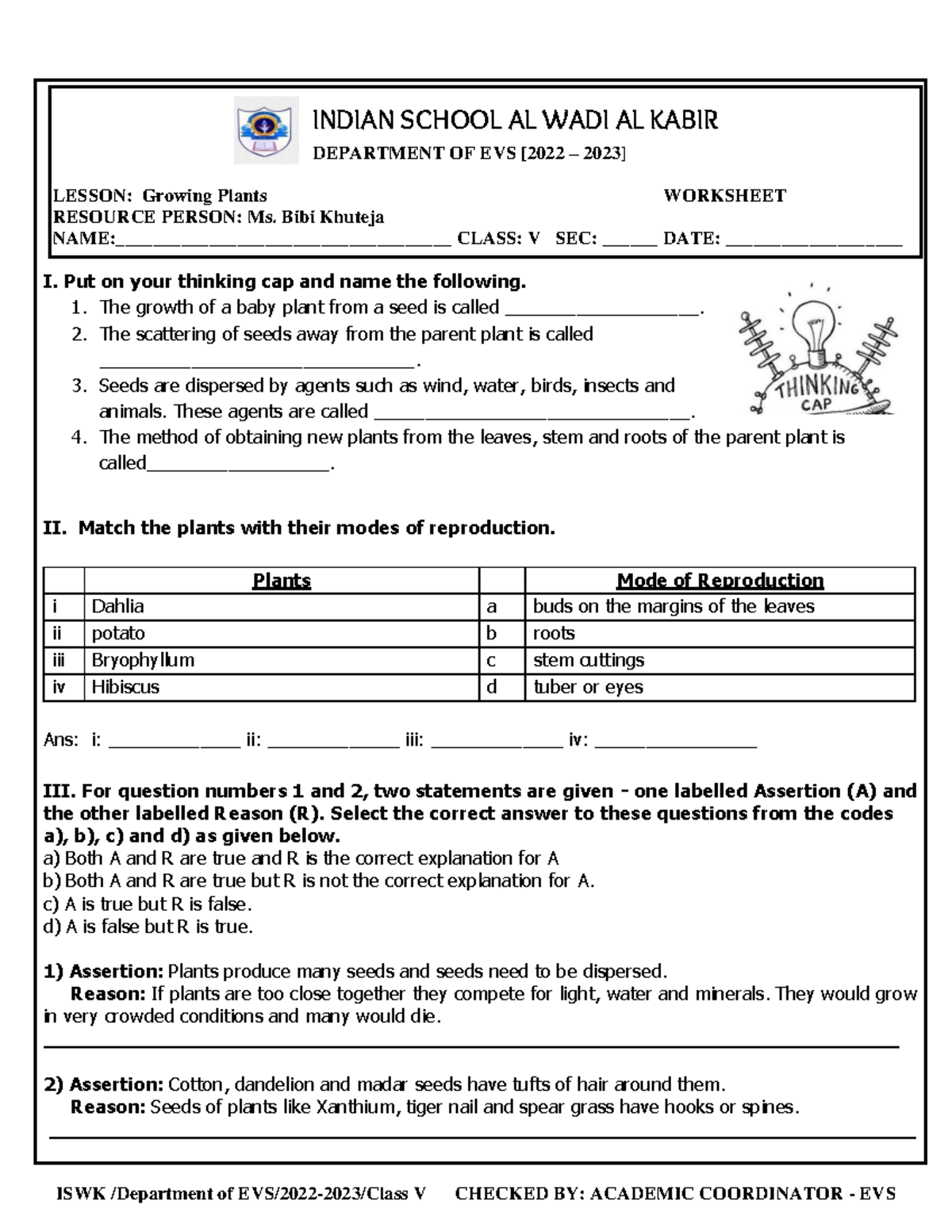Plant Reproduction Worksheet WS3 - Class V EVS 2022-2023 - Studocu
