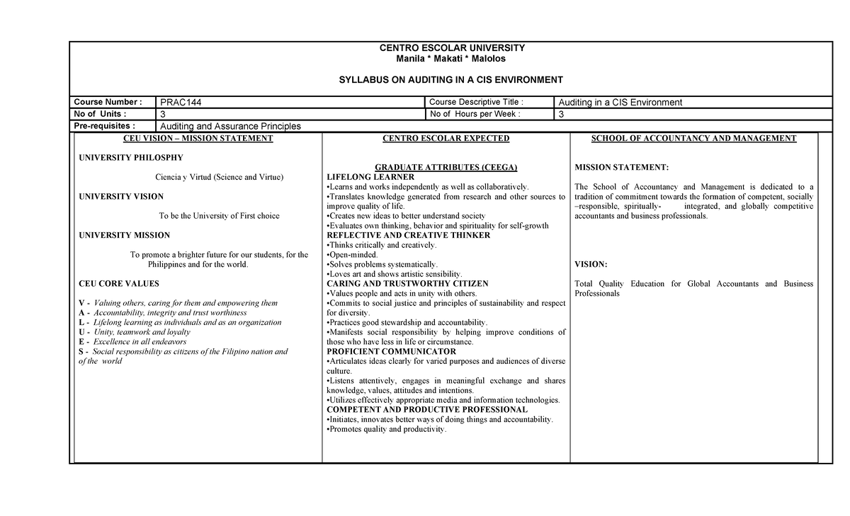 PRAC144 Course Syllabus: Auditing in a CIS Environment Overview - Studocu