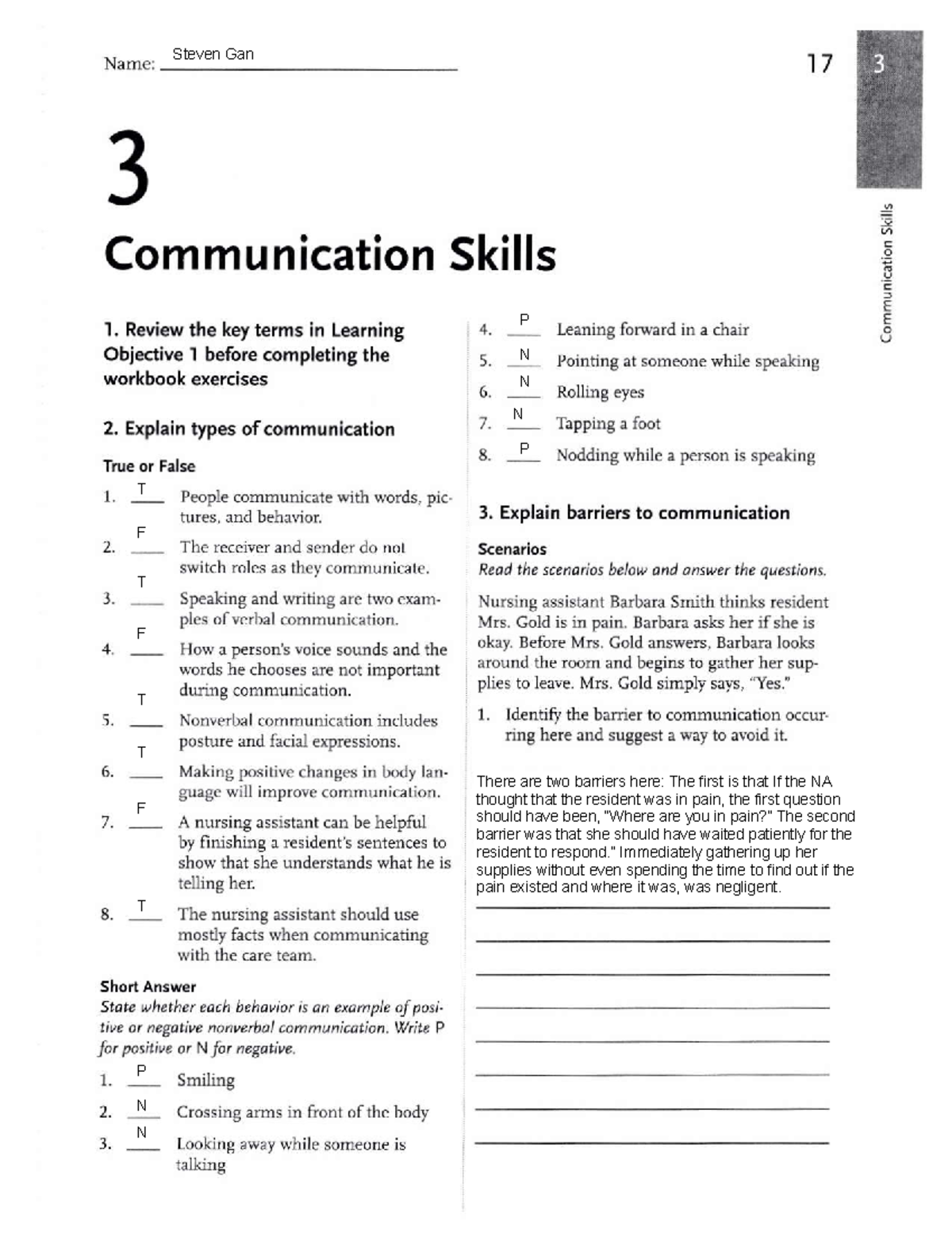 Work Book Exercises Chapter 3 pdf - 3 Name 1 5 7 Communication Skills I. Review the key terms in ...