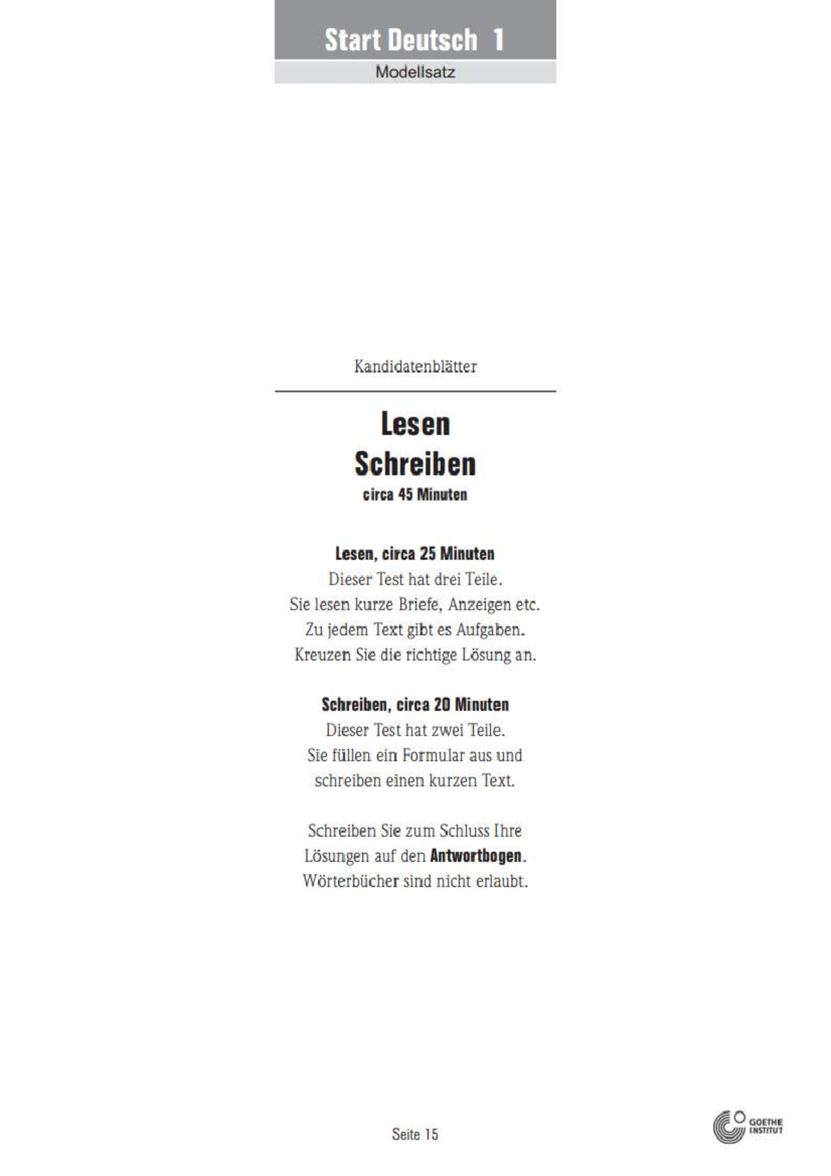 Start Deutsch 1 Modellsatz: Lesen A1 Aufgaben und Lösungen - Studocu