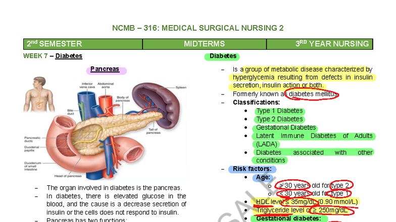 NCMB 316: Diabetes Overview and Nursing Management Strategies - Studocu