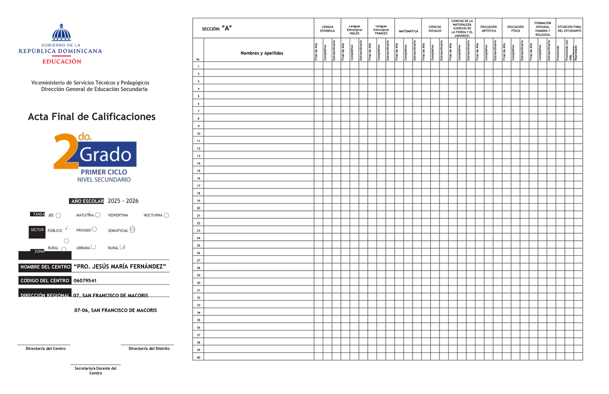 Acta Final de Calificaciones 2do A - 2025-2026 - Studocu