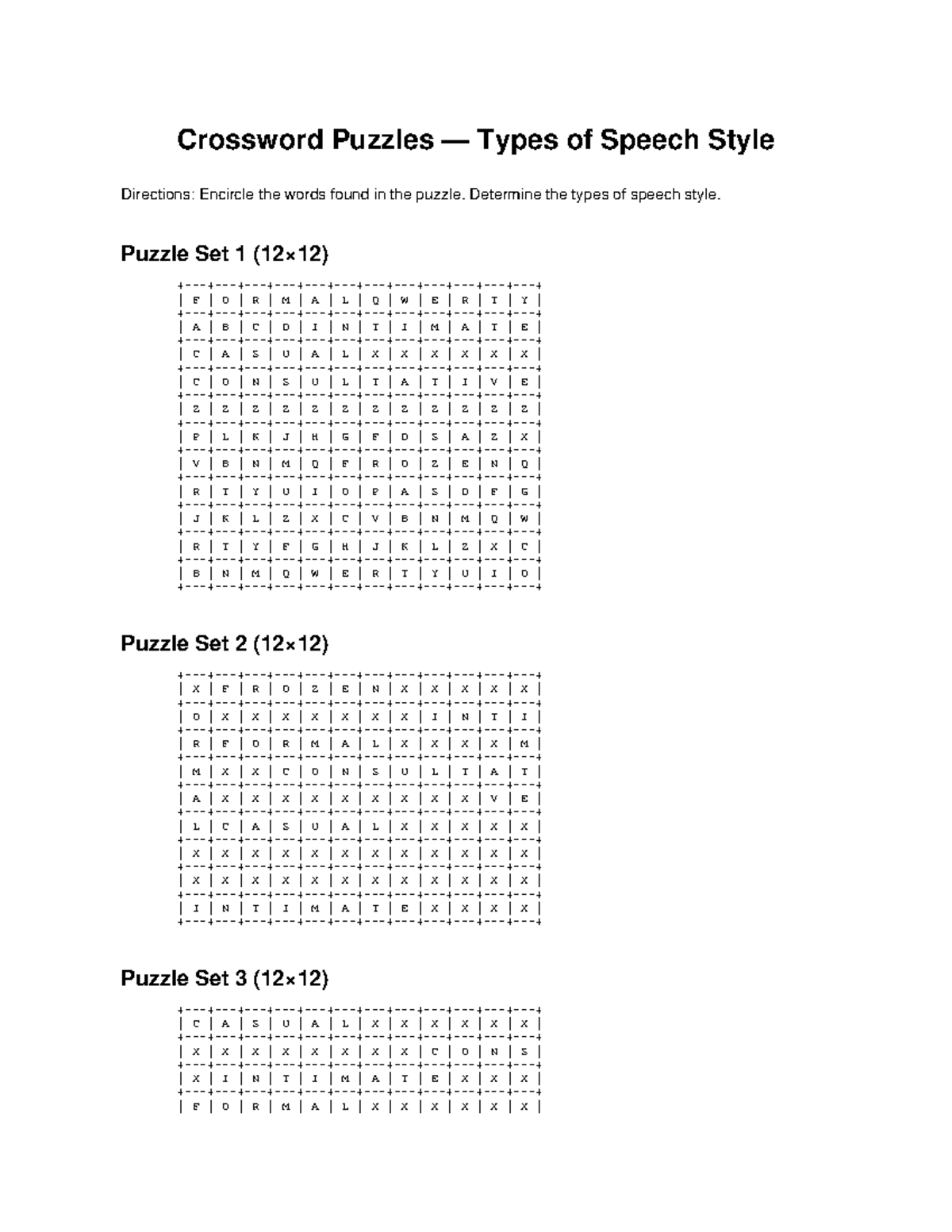 Crossword Puzzles: Types of Speech Style Analysis - Studocu