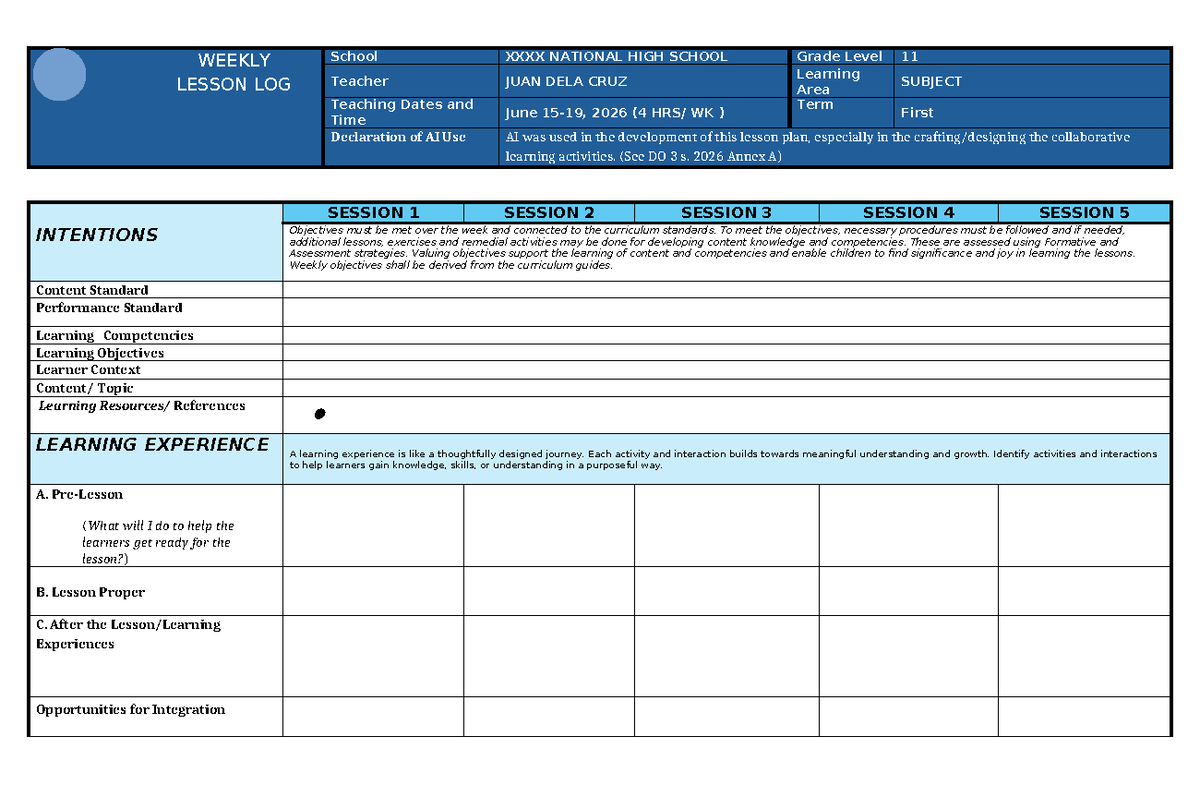 WLP ILAW Template: Weekly Lesson Log for June 2026 - Studocu