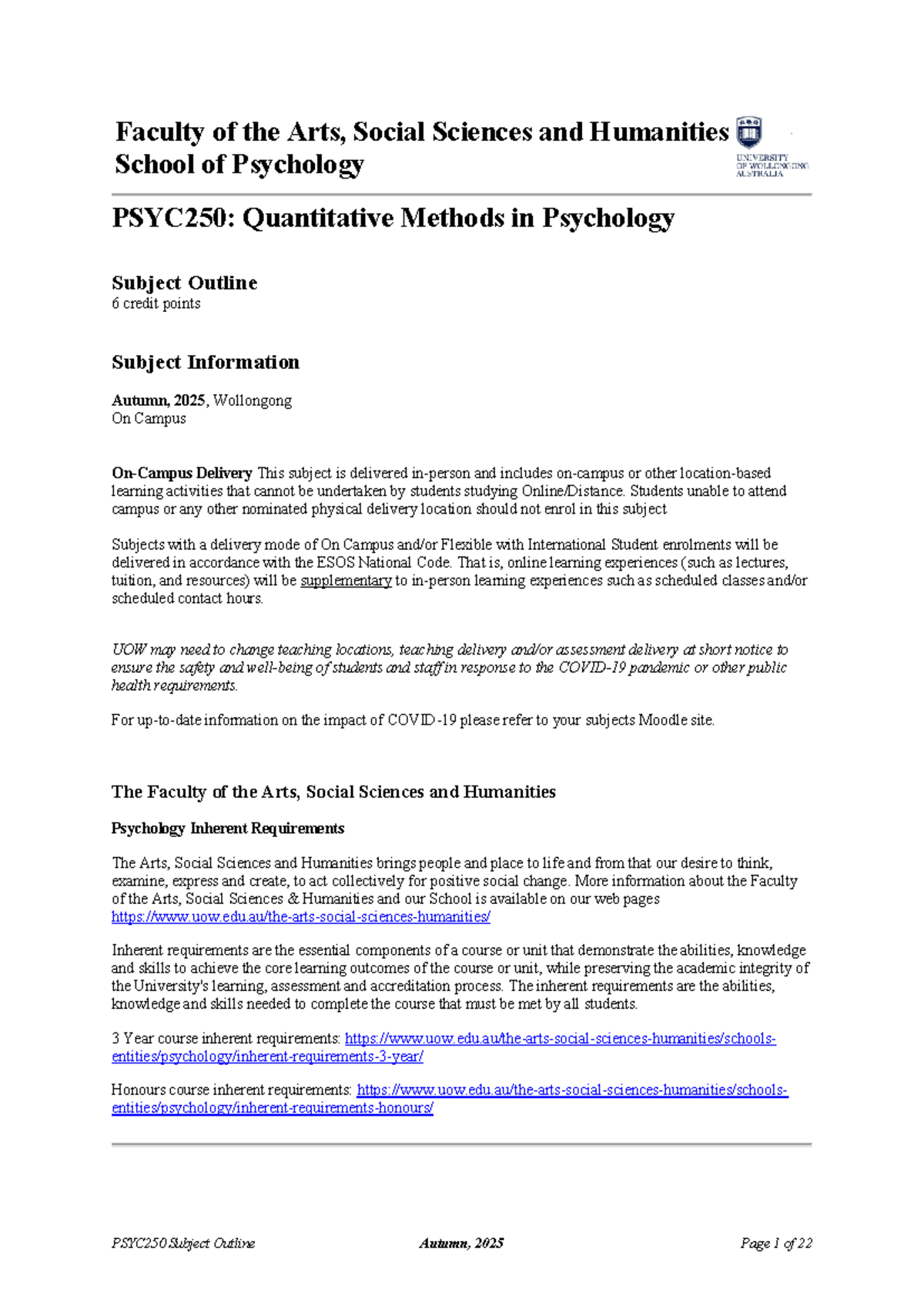 PSYC250: Quantitative Methods in Psychology Subject Outline - Autumn ...