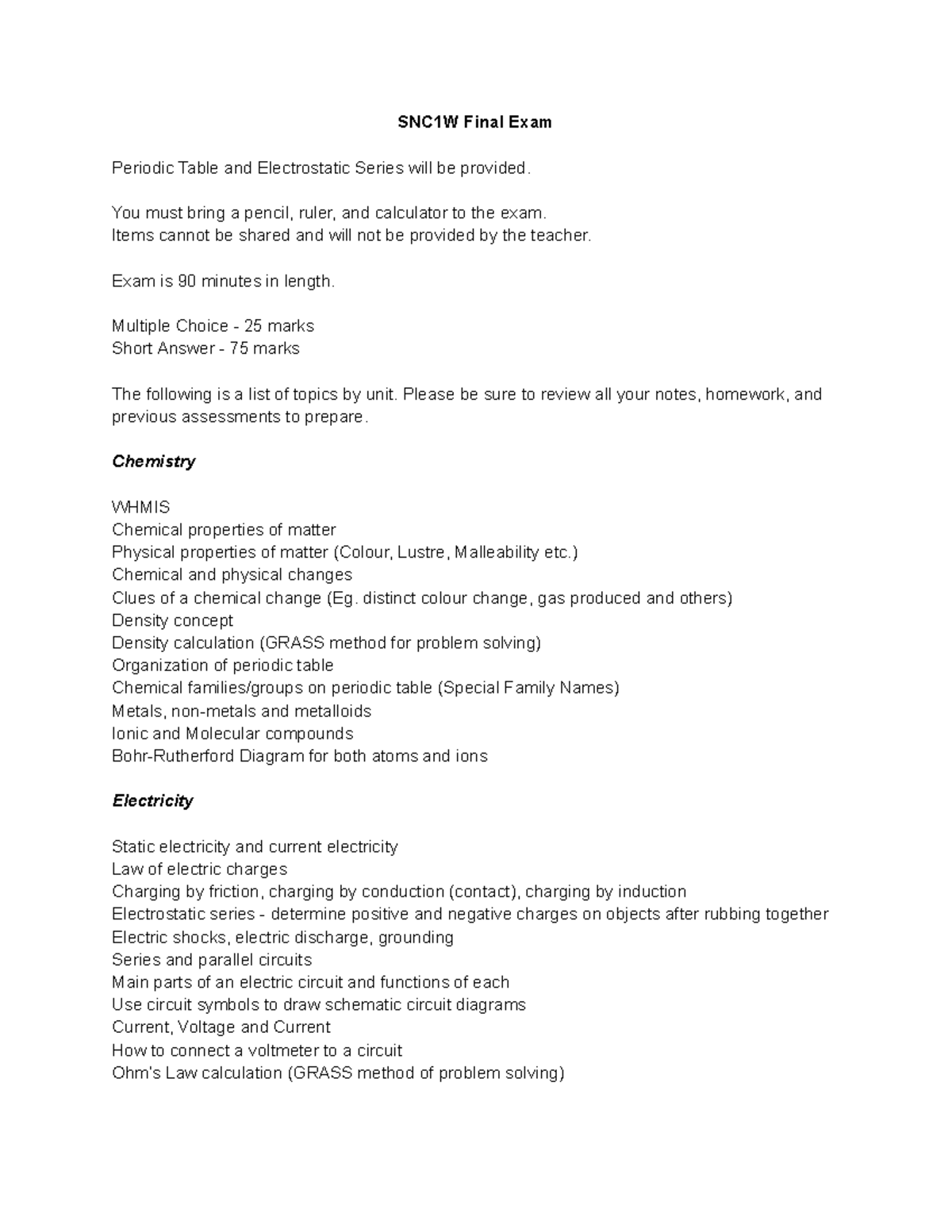 SNC1W Final Exam Review Topics: Chemistry, Biology & Electricity - Studocu