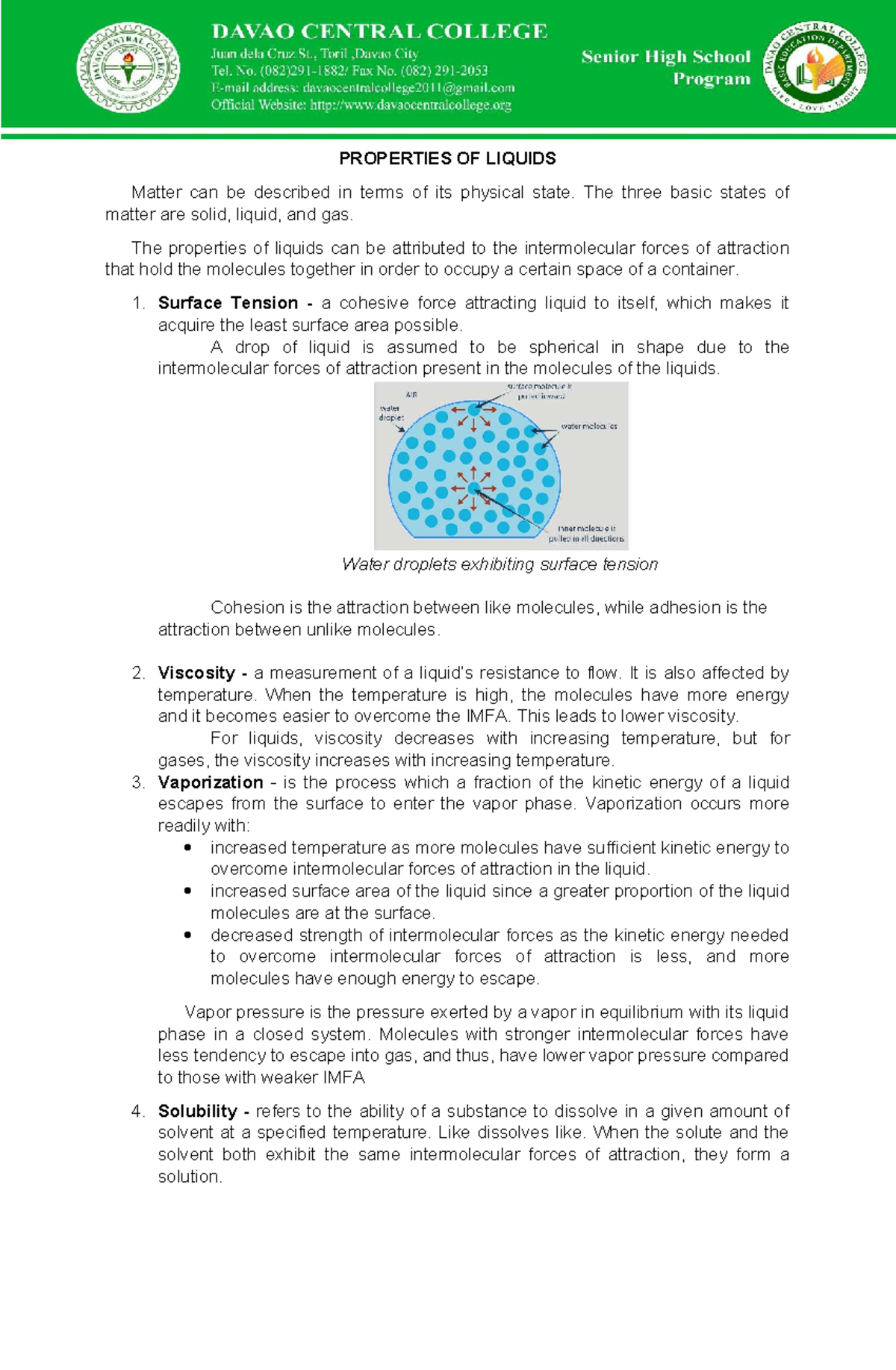 CHEM 101: Properties of Liquids and Solids Overview - Studocu
