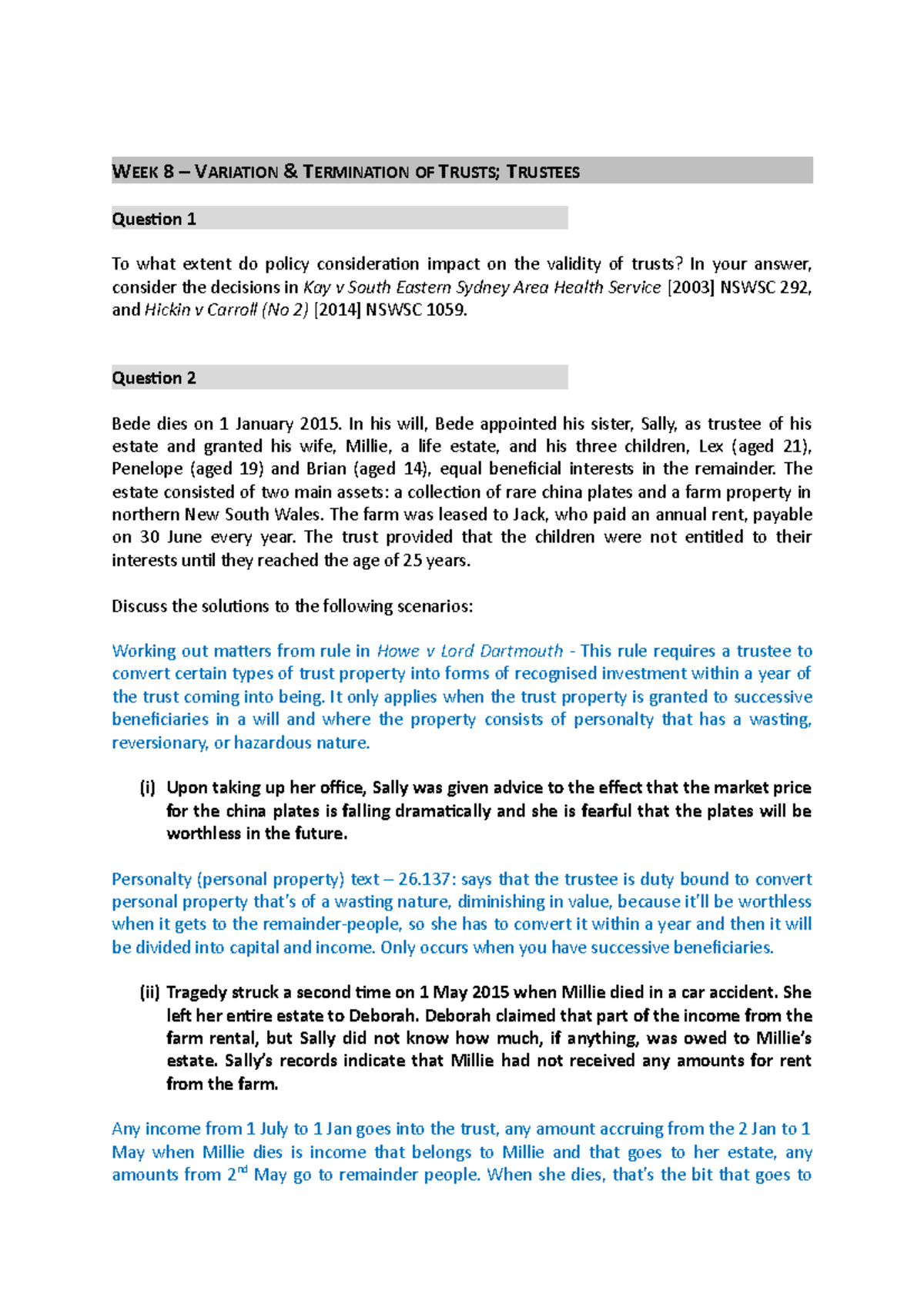 Week 8 tutorial questions - WEEK 8 – VARIATION & TERMINATION OF TRUSTS ...