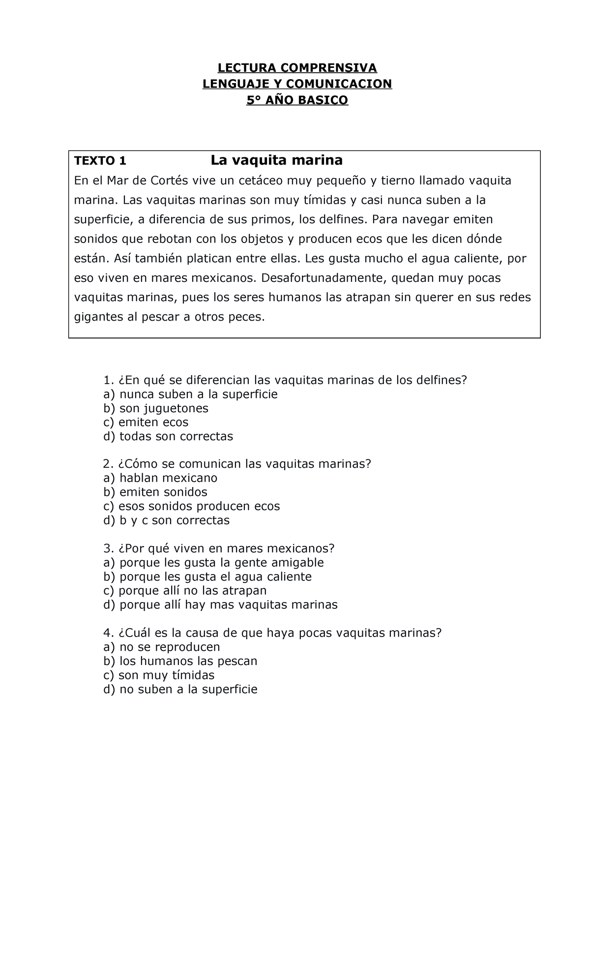 Comprensión Lectora Quinto Básico: Textos y Preguntas - Studocu