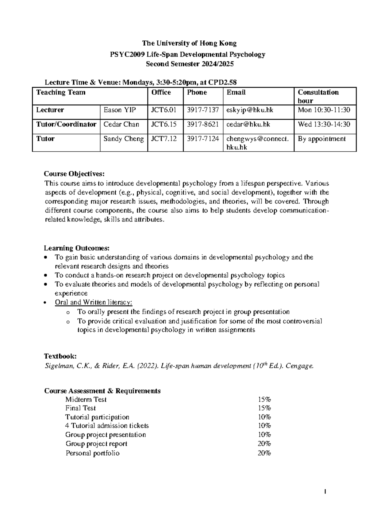 PSYC2009 Life-Span Developmental Psychology Course Outline 2025 - Studocu