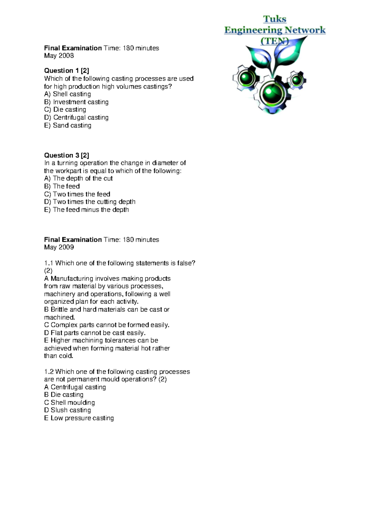 MECH 101 Final Exam Prep: Casting Processes & Manufacturing Methods ...
