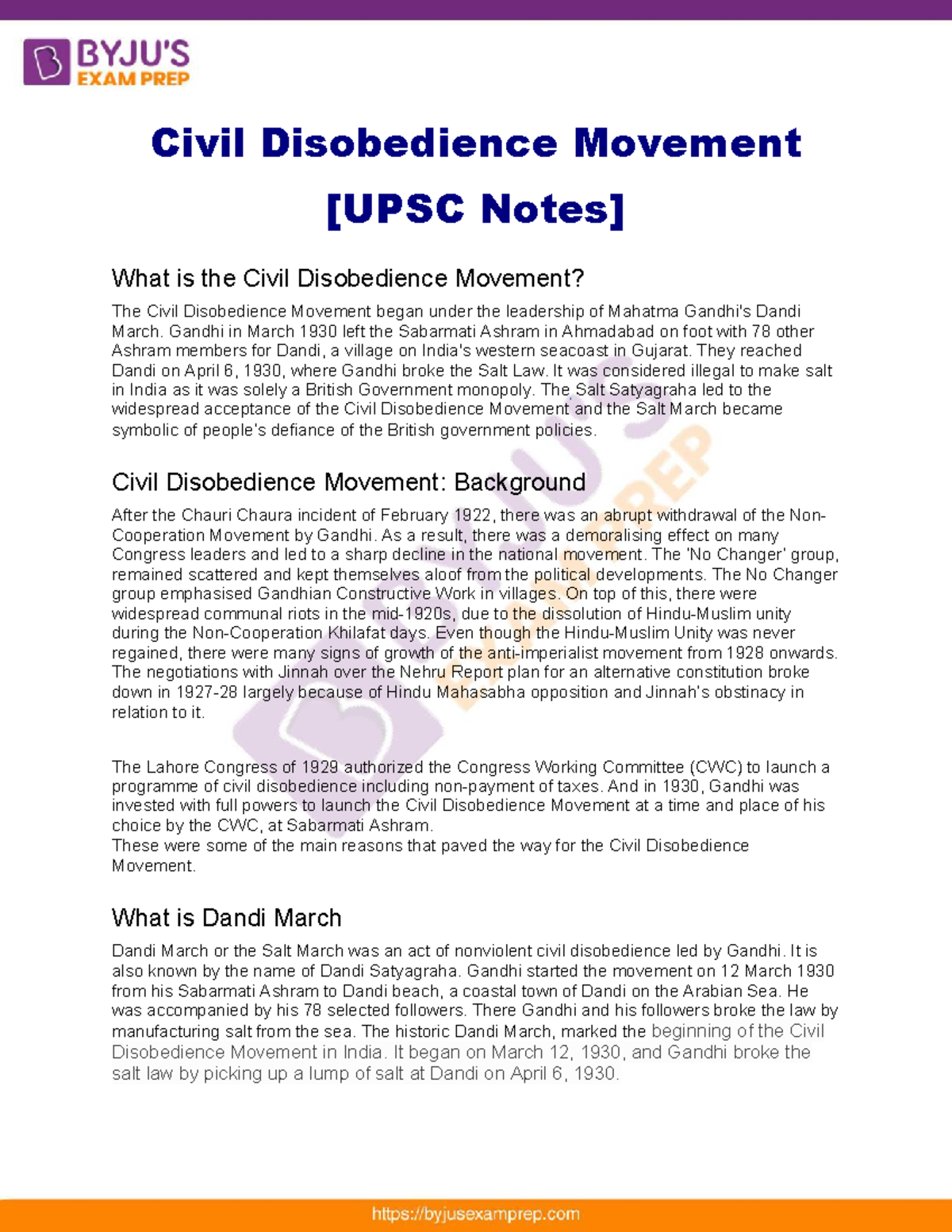 Civil Disobedience Movement: UPSC Notes & Key Highlights - Studocu