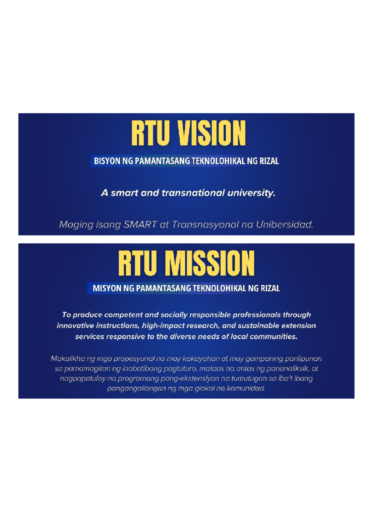 RTU Mission and Vision: Pangkalahatang-ideya at Pahalagahan - Studocu