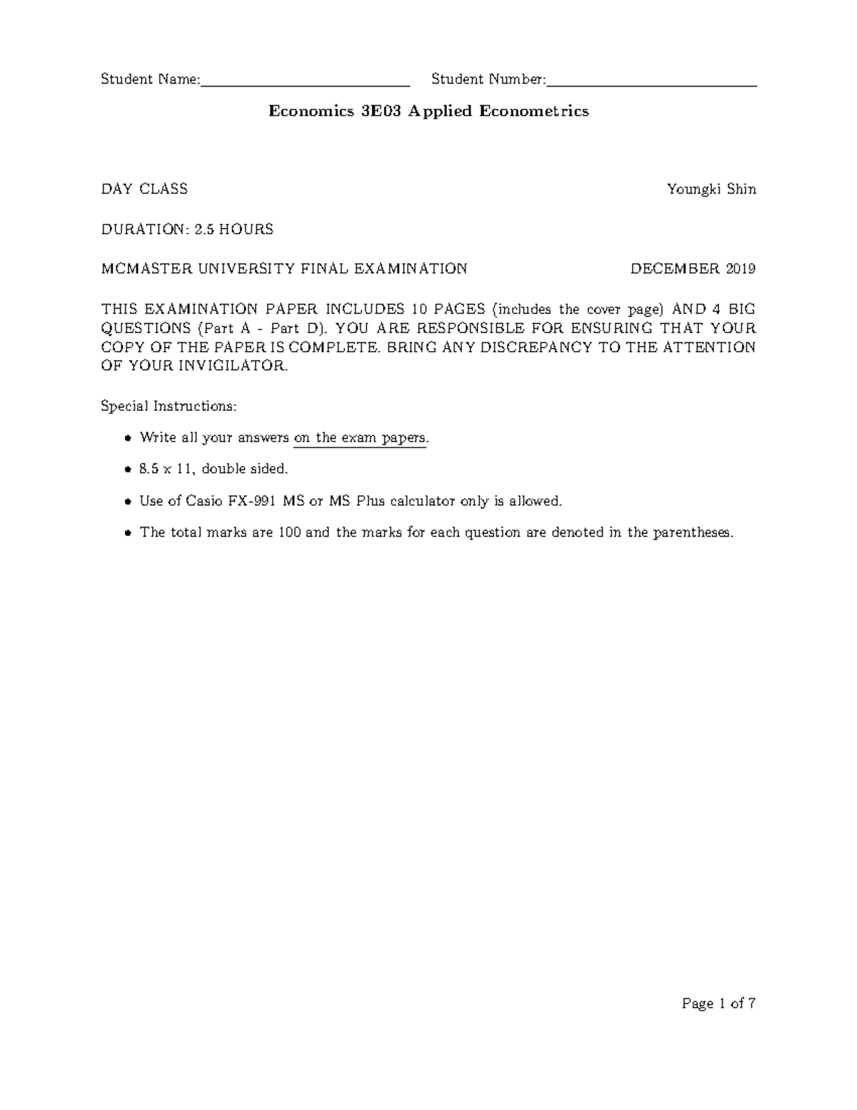 3E03 Final Exam Solutions - Applied Econometrics December 2019 - Studocu