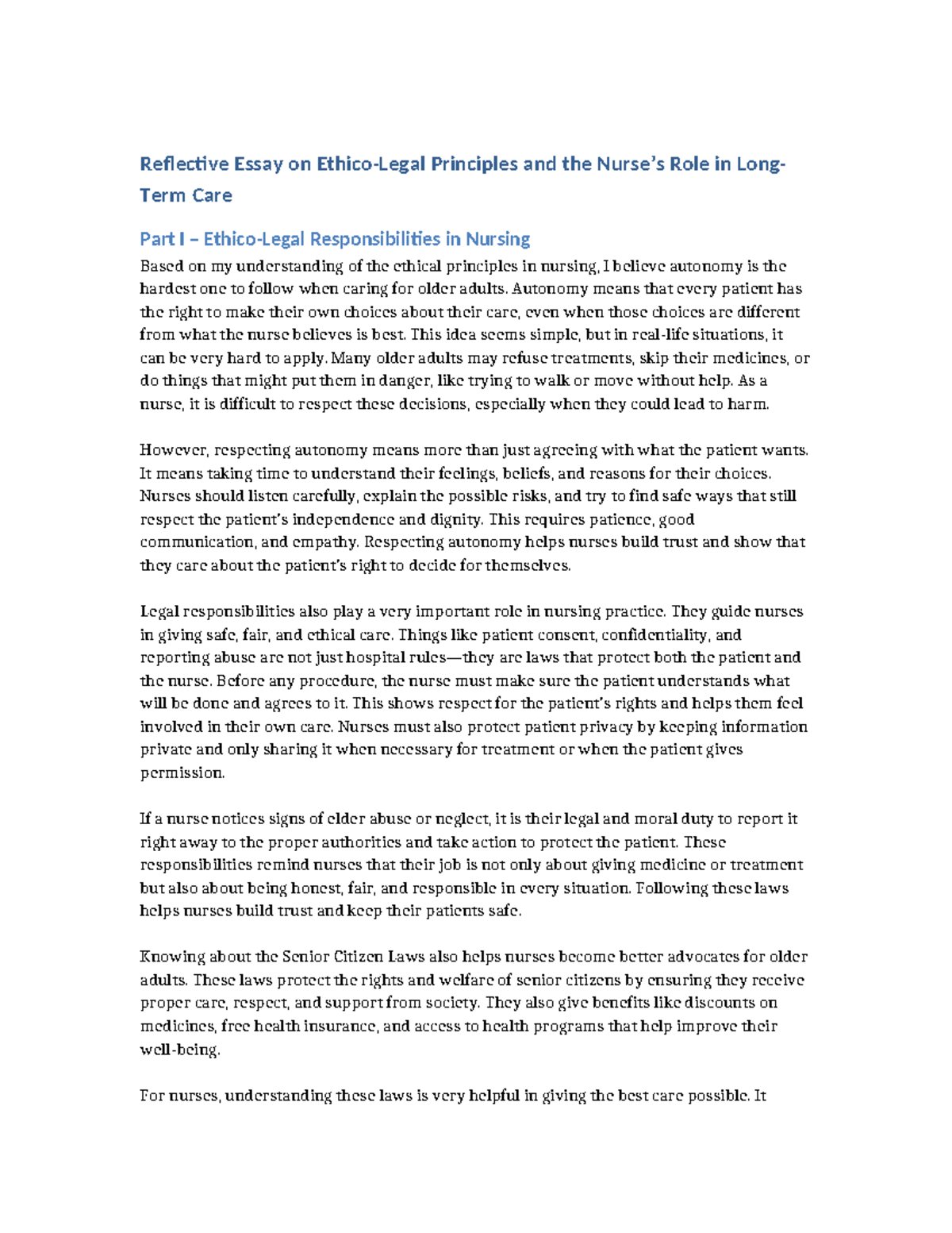 Reflective Essay on Ethico-Legal Principles in Nursing Care - Studocu