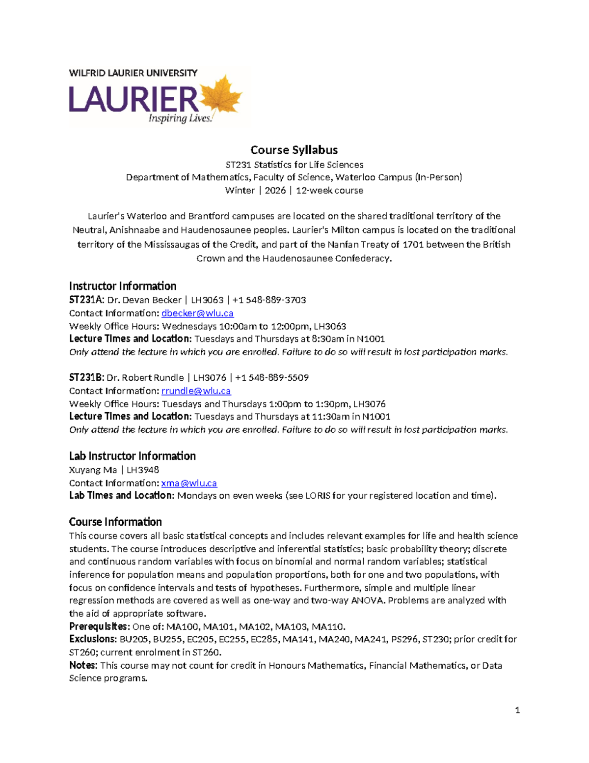 ST231 Winter 2026 Syllabus: Statistics for Life Sciences - Studocu