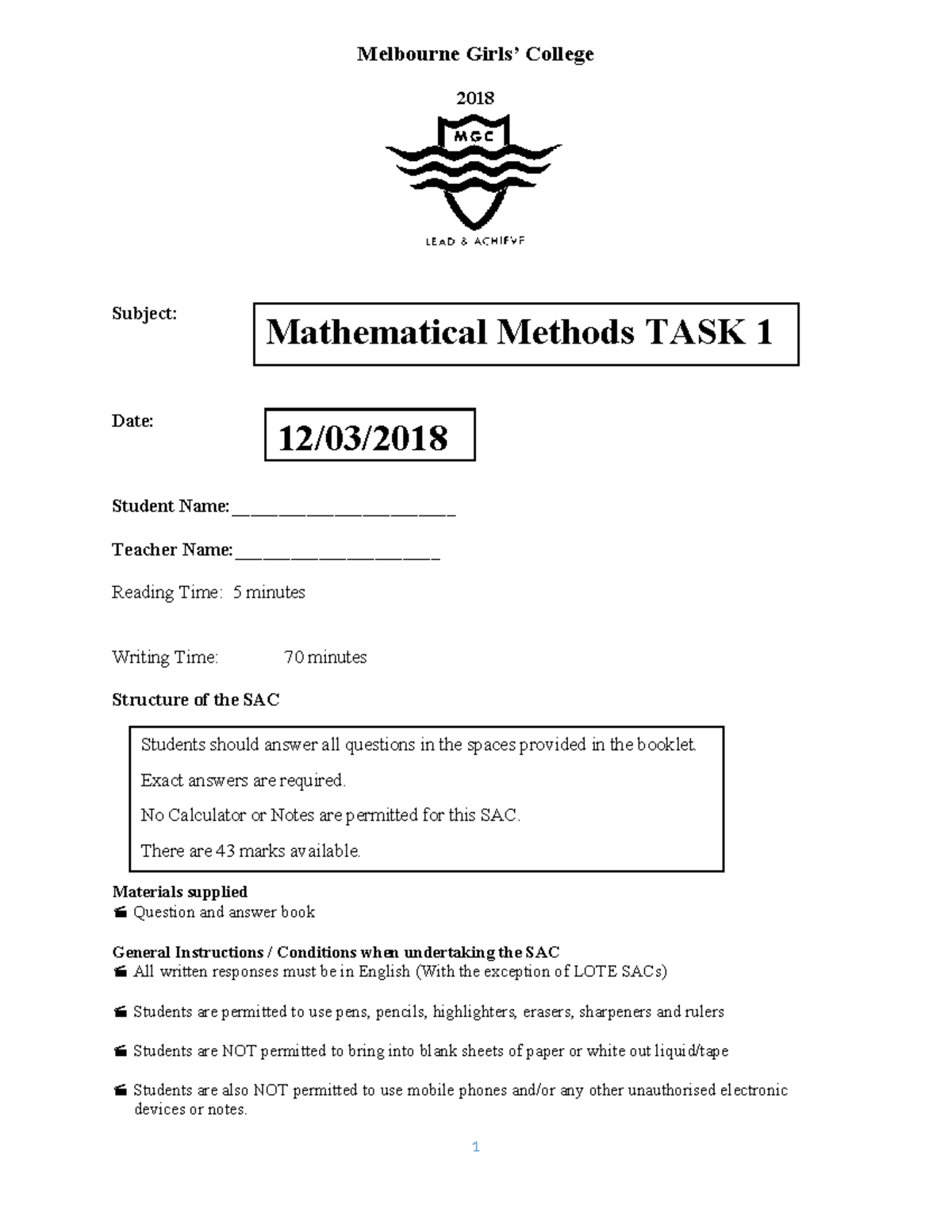 2018 VCE Mathematical Methods SAC 1 Exam Structure and Guidelines - Studocu