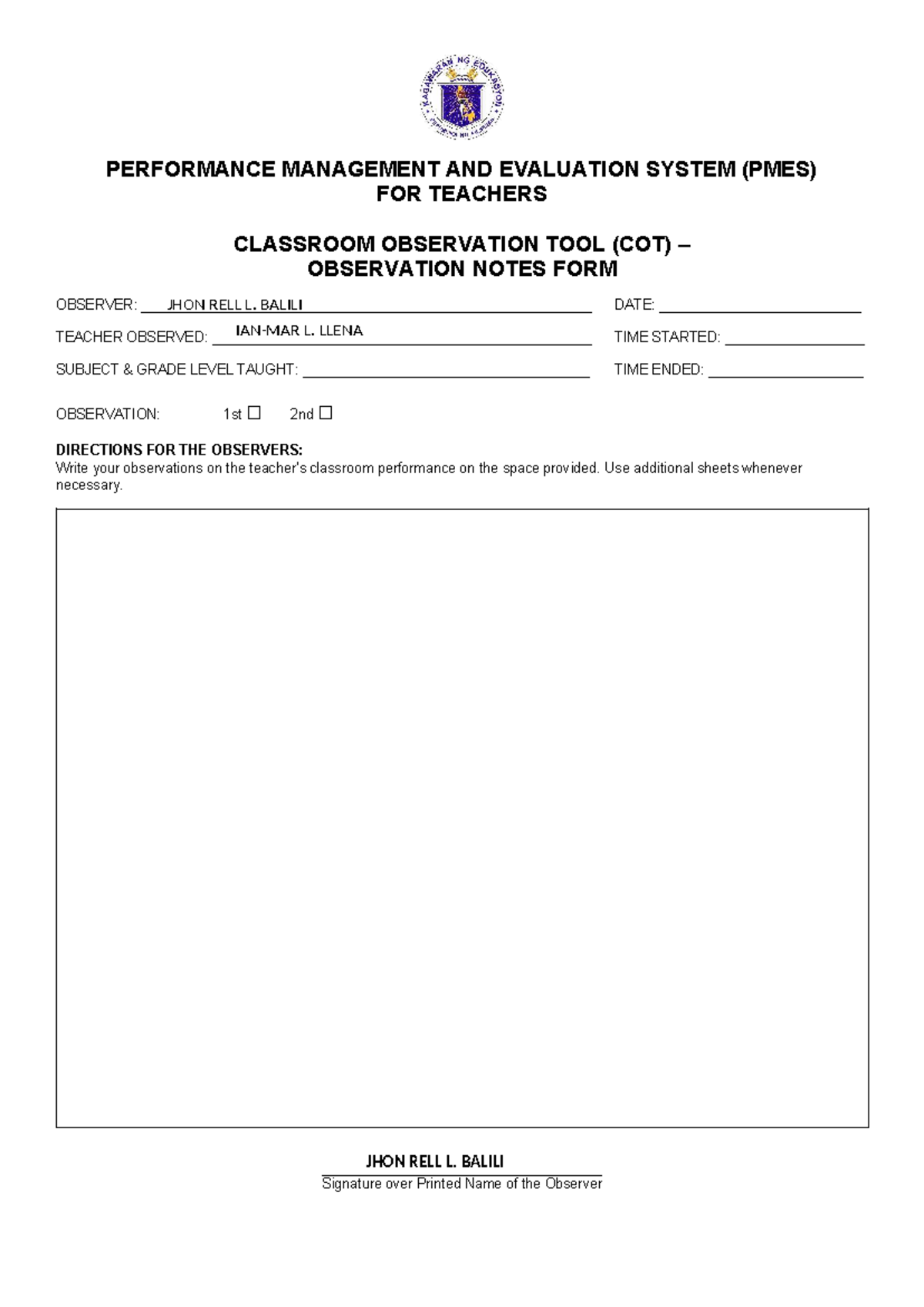 Annex E-4 COT Observation Notes Form - PERFORMANCE MANAGEMENT AND ...