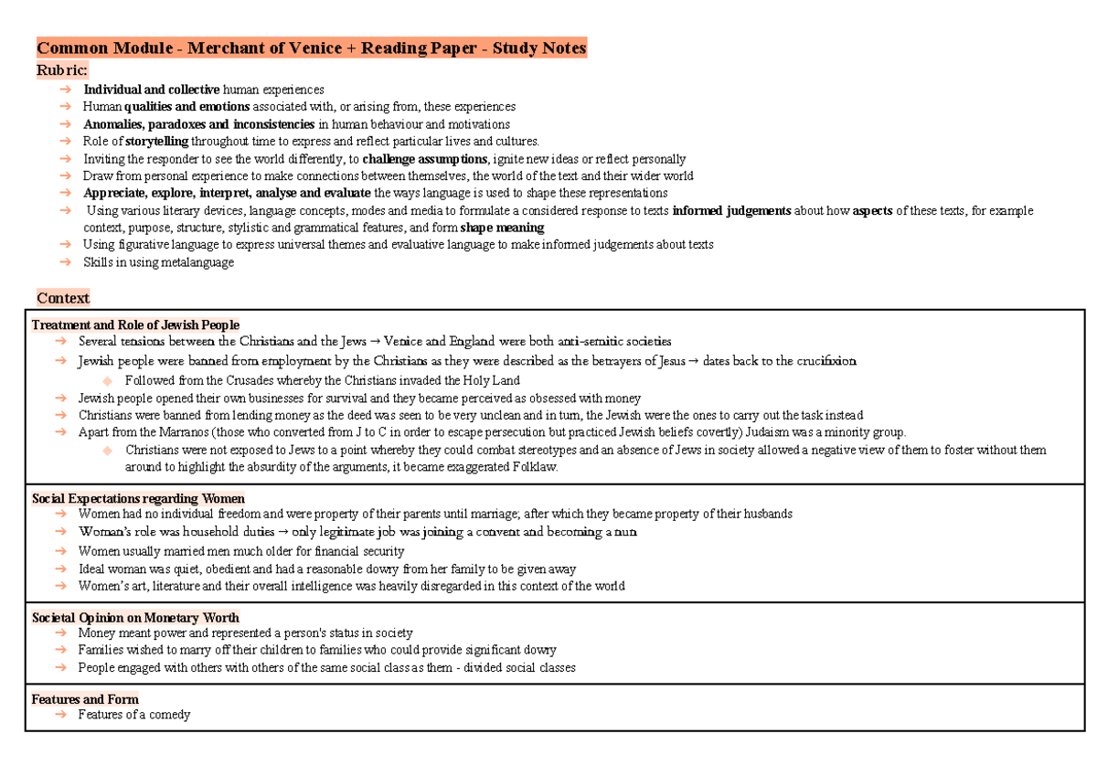 Common Module Study Notes - The Merchant of Venice Analysis - Studocu