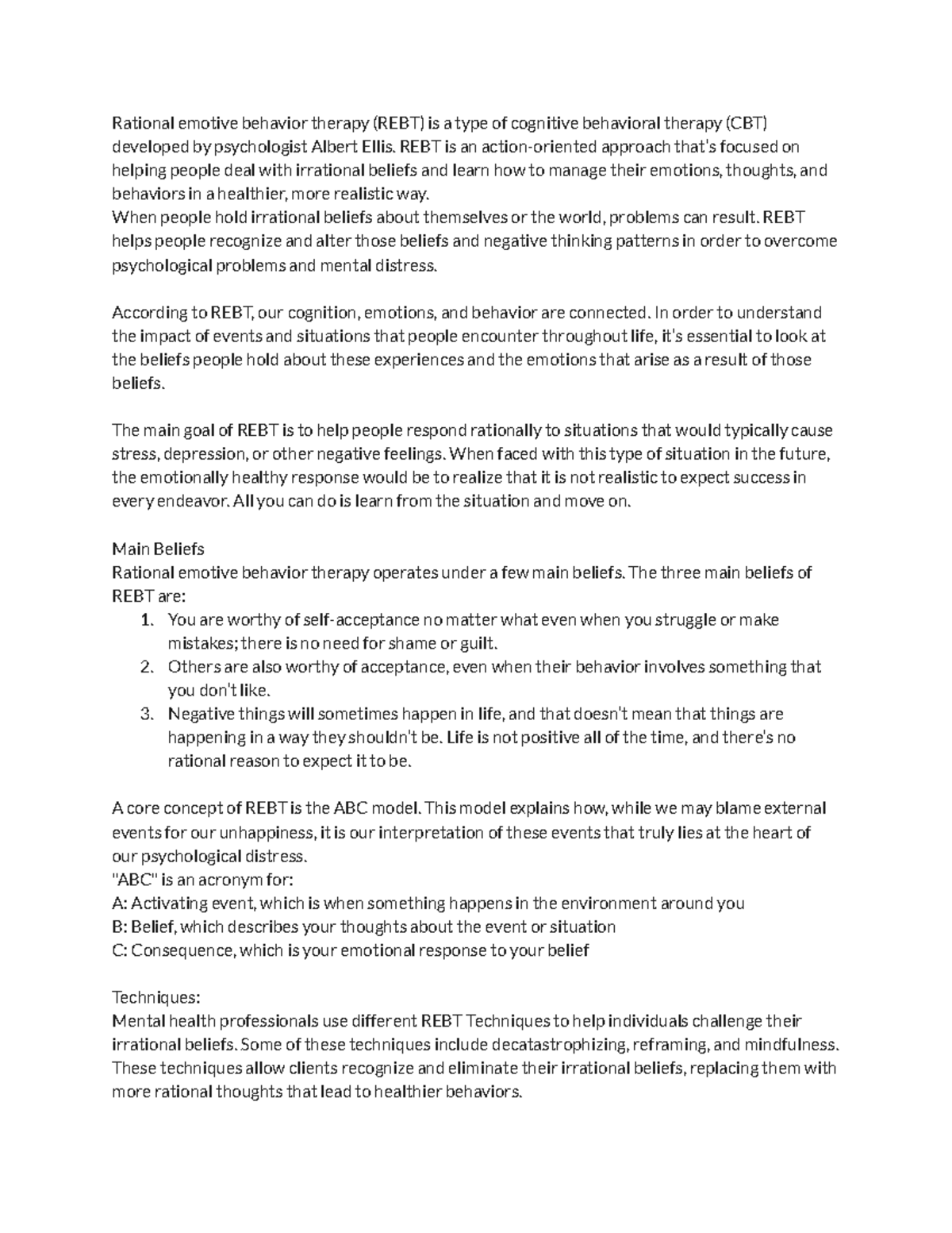 REBT Notes - Rational emotive behavior therapy (REBT) is a type of ...