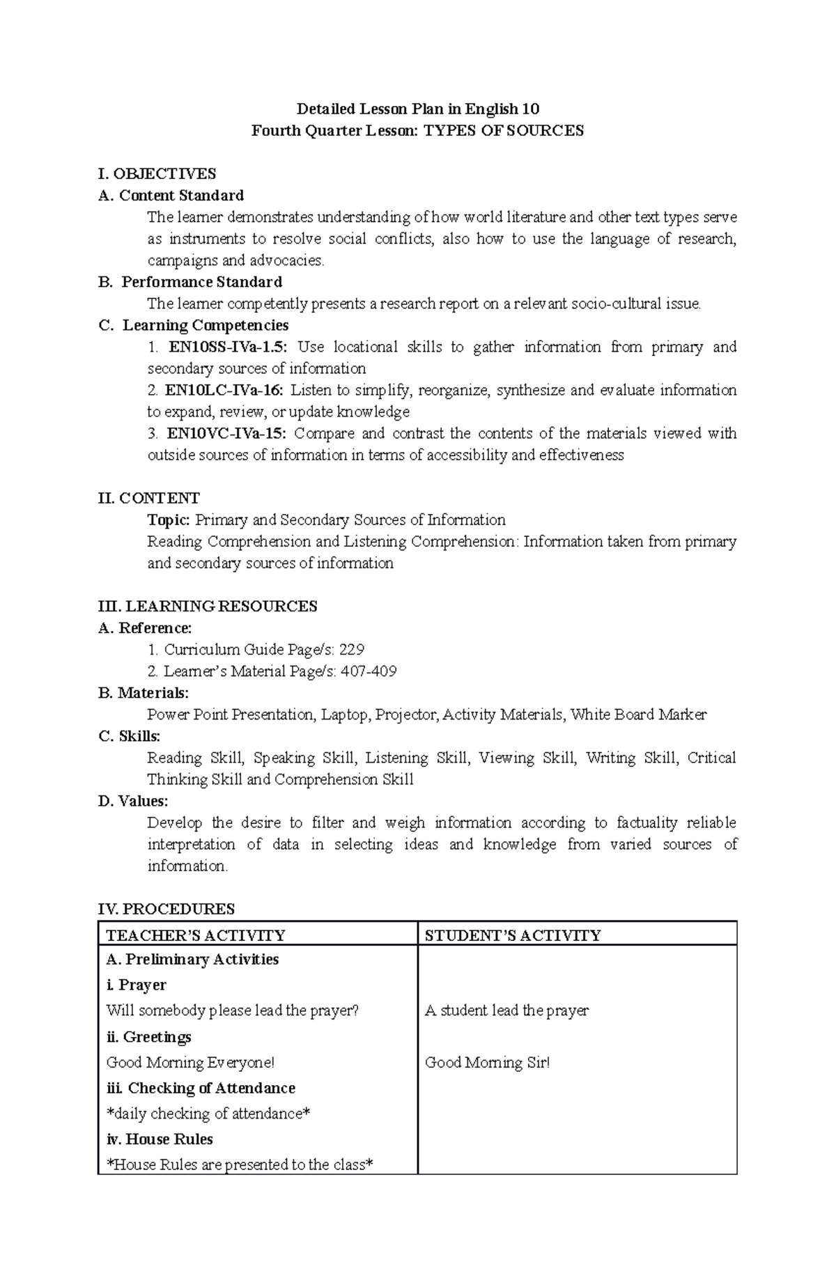 Final Lesson Plan: Types of Sources for English 10 (4th Quarter) - Studocu