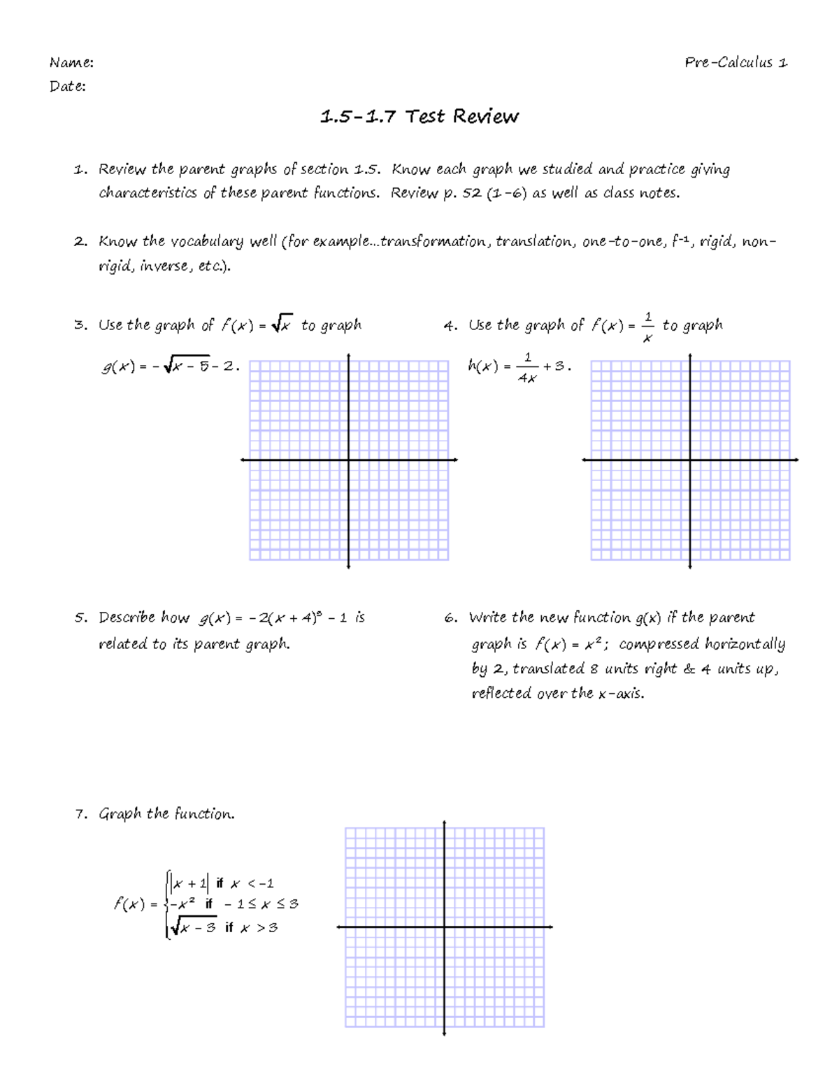 MATH Review - Name: Pre-Calculus 1 Date: 1.5-1 Test Review Review the ...