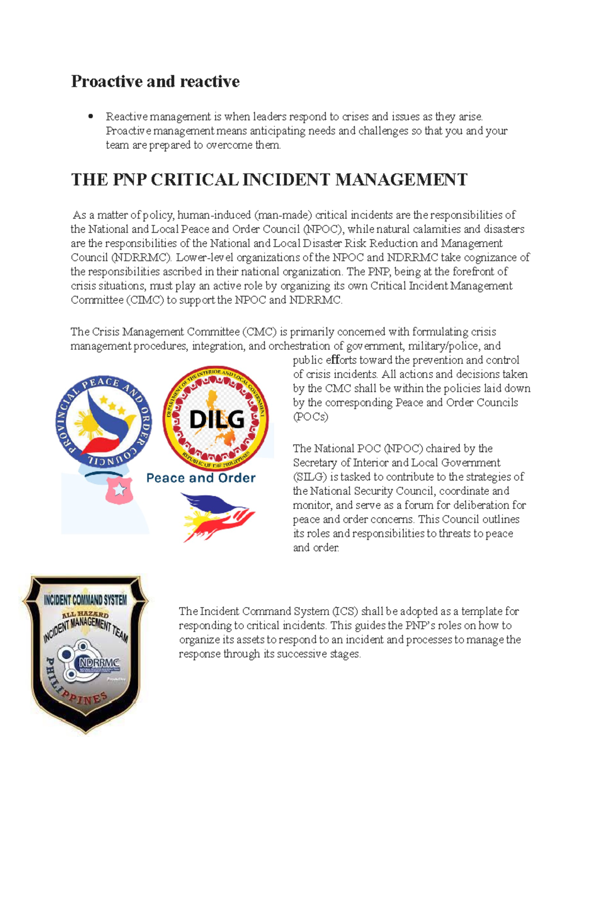 Title: PNP Critical Incident Management: Proactive vs. Reactive ...