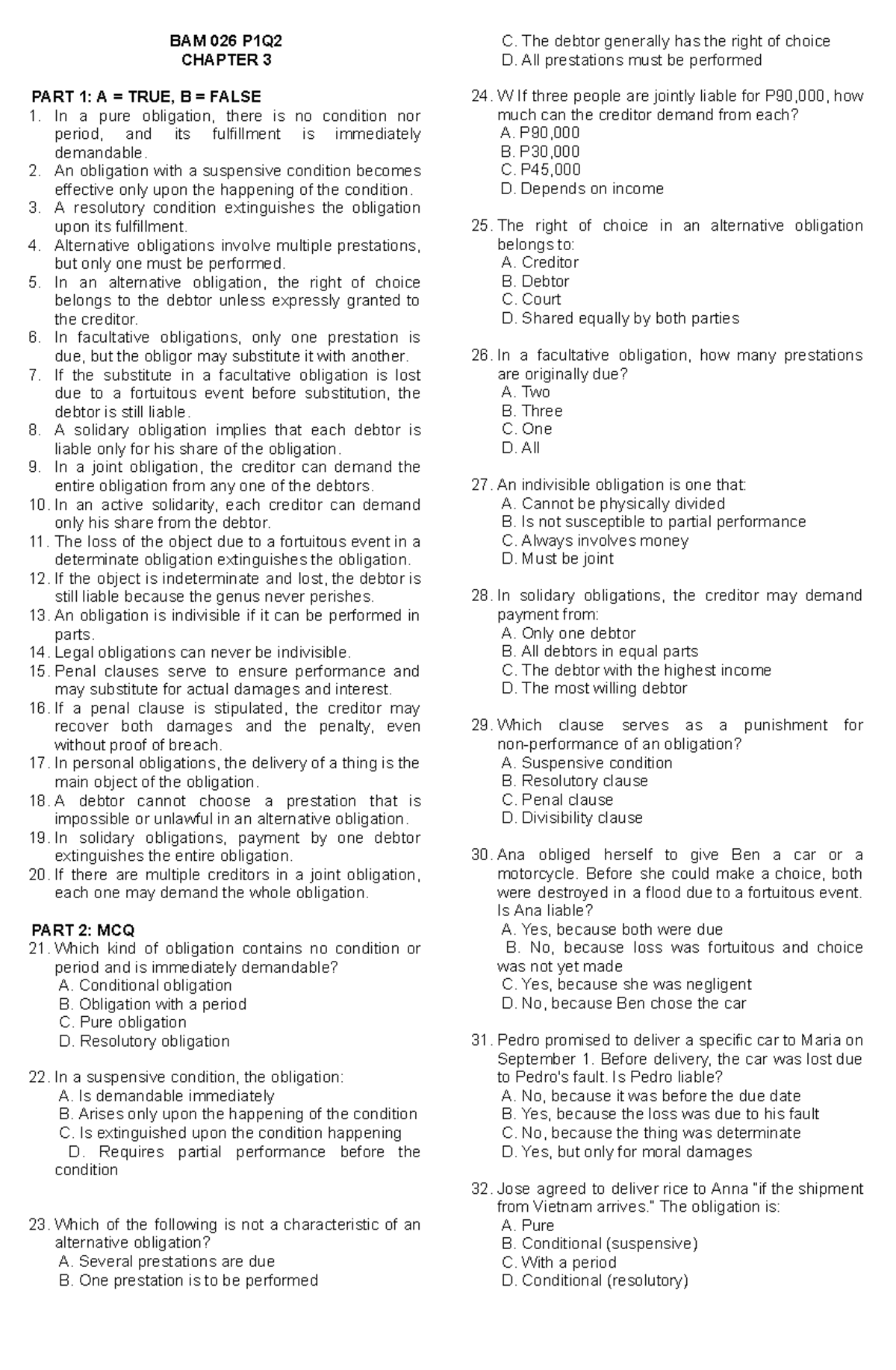 BAM 026 P1 Q2 - Chapter 3: Understanding Obligations and Conditions - Studocu