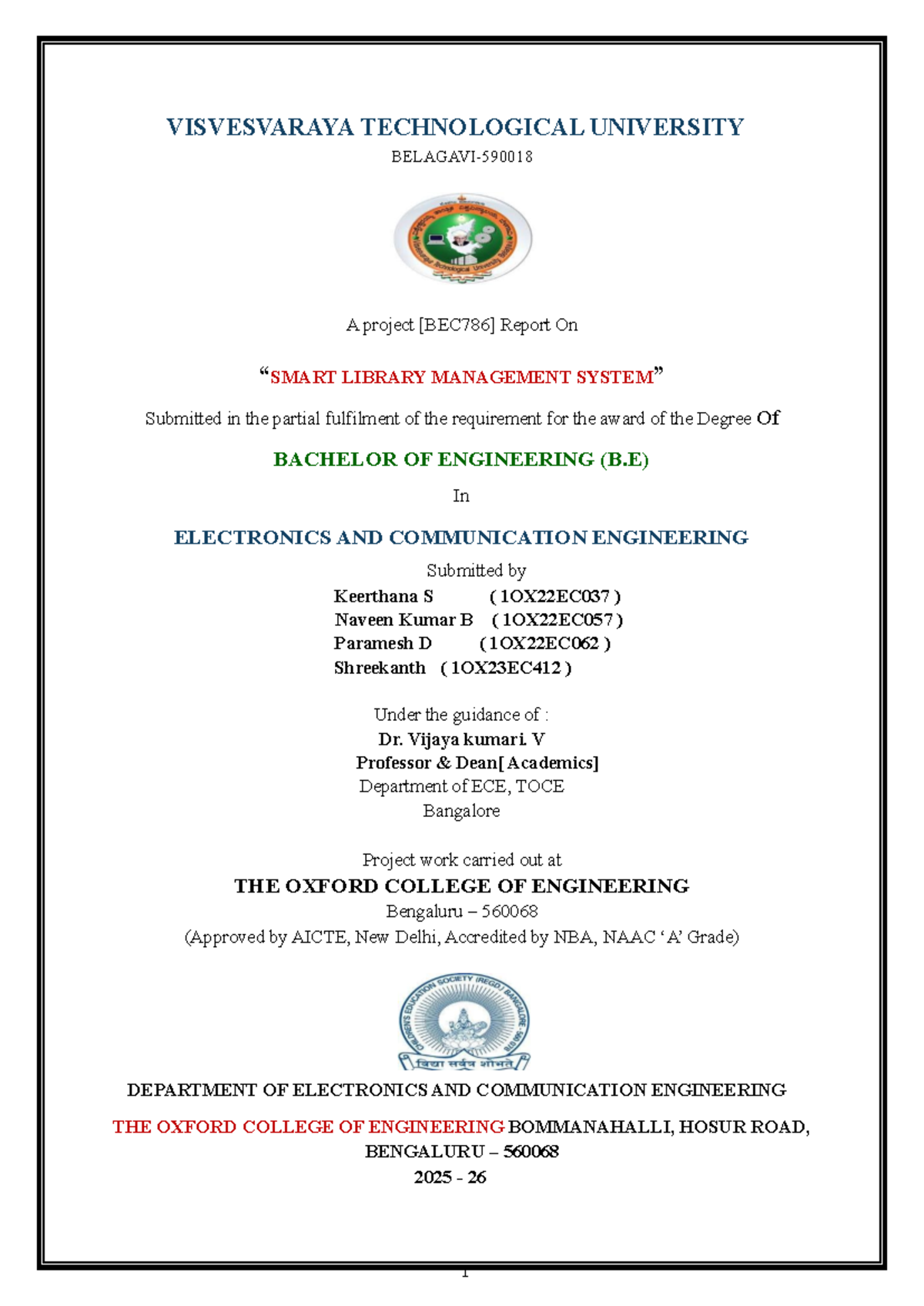 Project Report on Library Management System for B.E. in ECE (1OX22EC ...