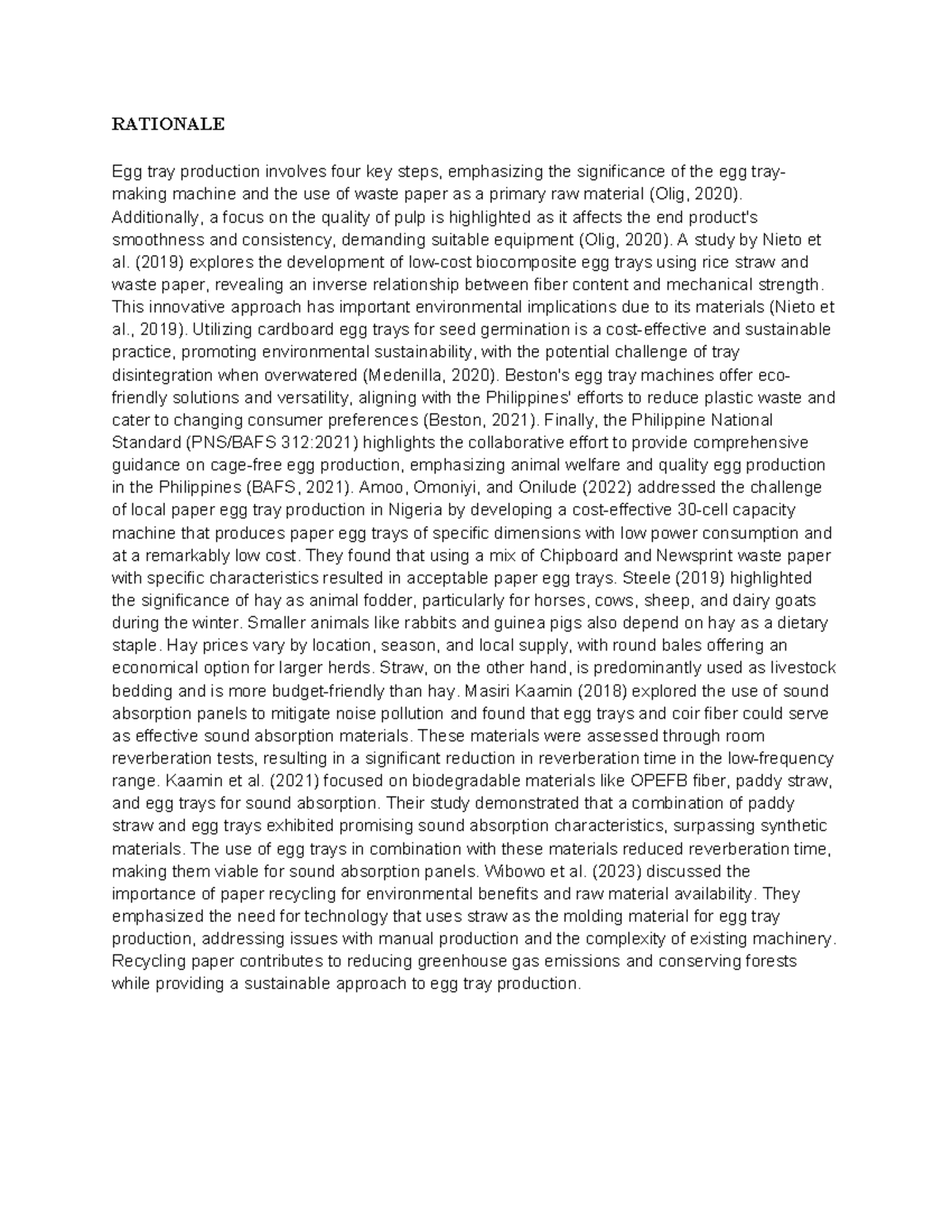 RRL - Research Review on Sustainable Egg Tray Production - Studocu