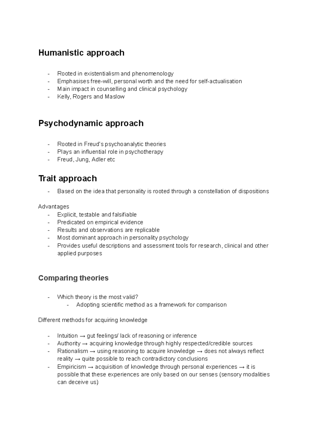 Theory of Personality: Approaches & Theories Comparison - PSY 101 - Studocu