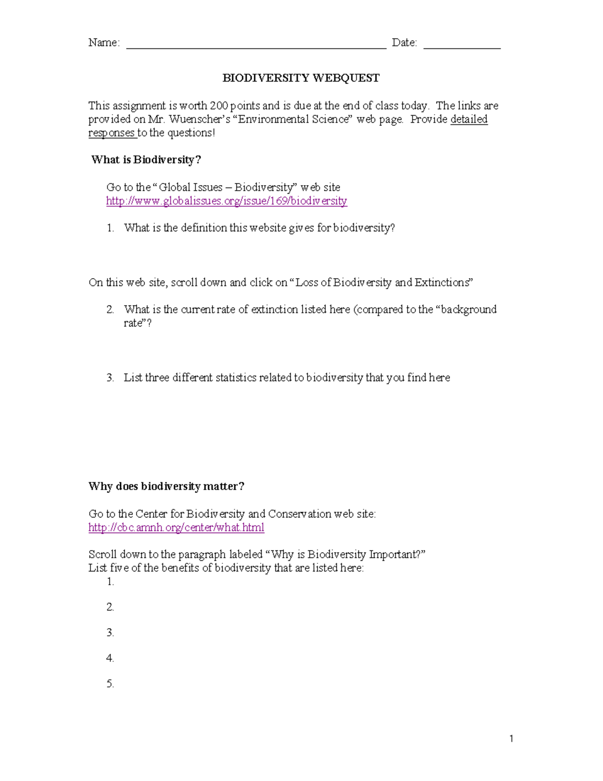 ENV 101: Biodiversity Webquest Assignment Guidelines and Questions ...