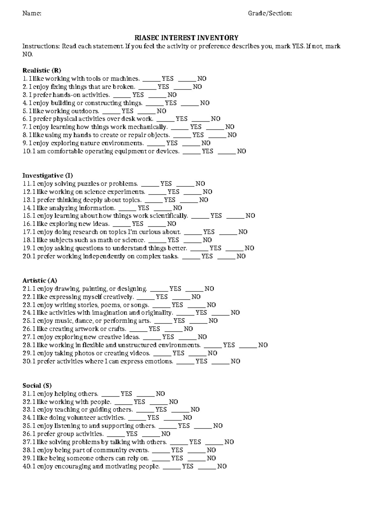 RIASEC Interest Inventory for Grades 7-12 - Studocu
