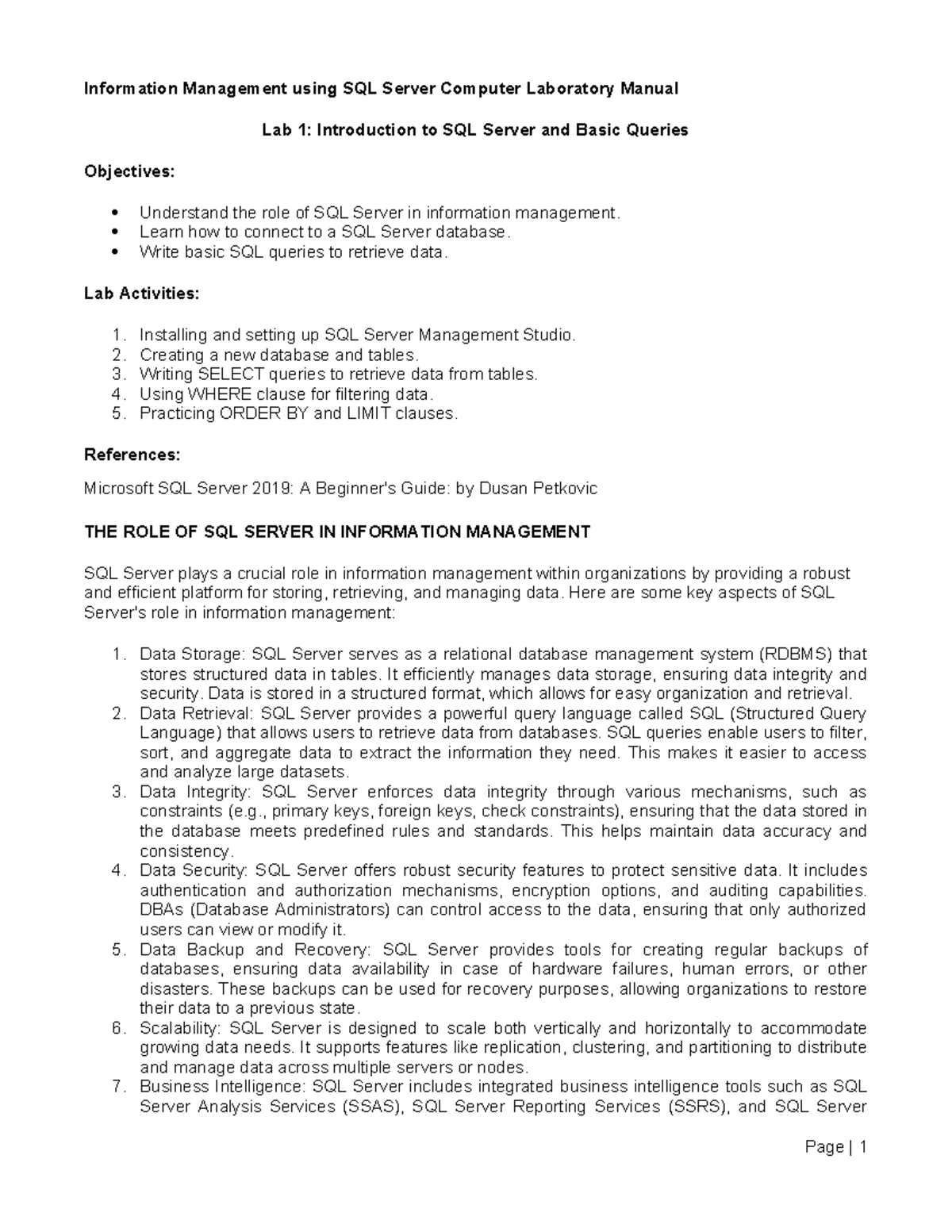 1+IM+Lab+Introduction+to+SQL+Server+and+Basic+Queries - Lab 1: Introduction to SQL Server and ...