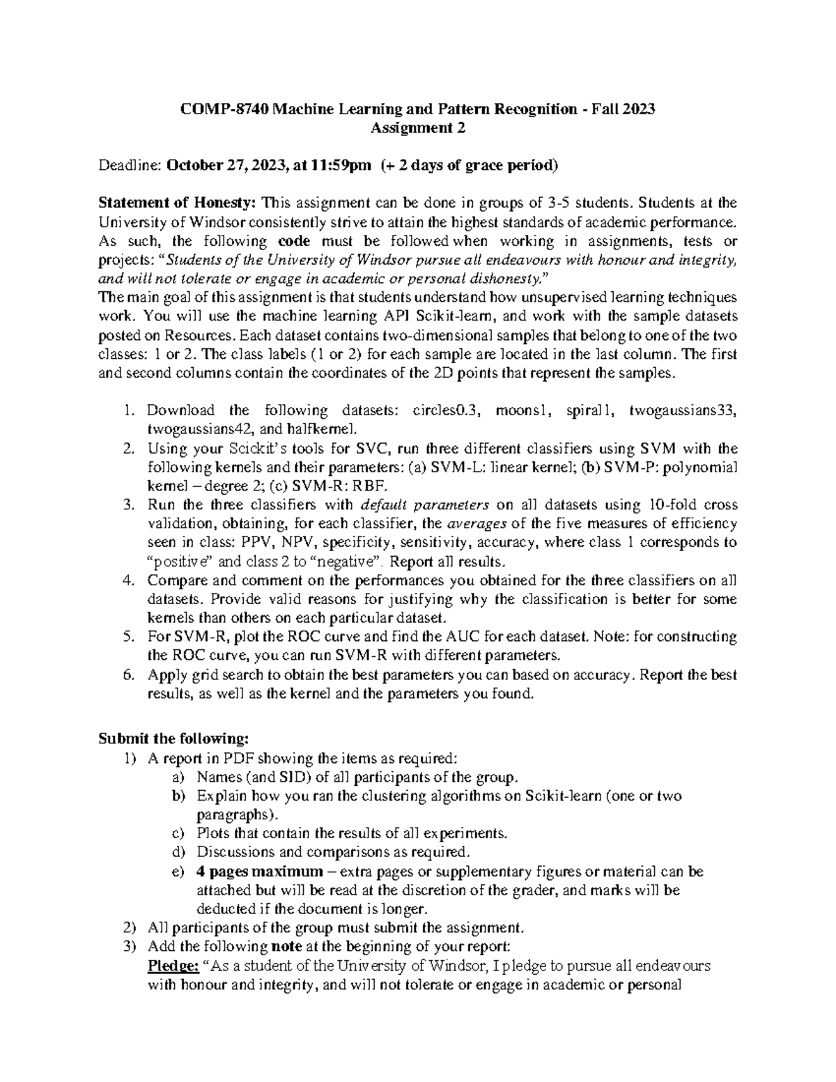 COMP-8740 Fall 2023 Machine Learning Assignment 2 Overview and ...