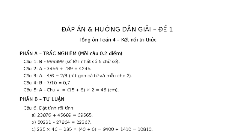 Đáp Án Đề 1 Tổng Ôn Toán 4 Kết Nối Tri Thức - Studocu