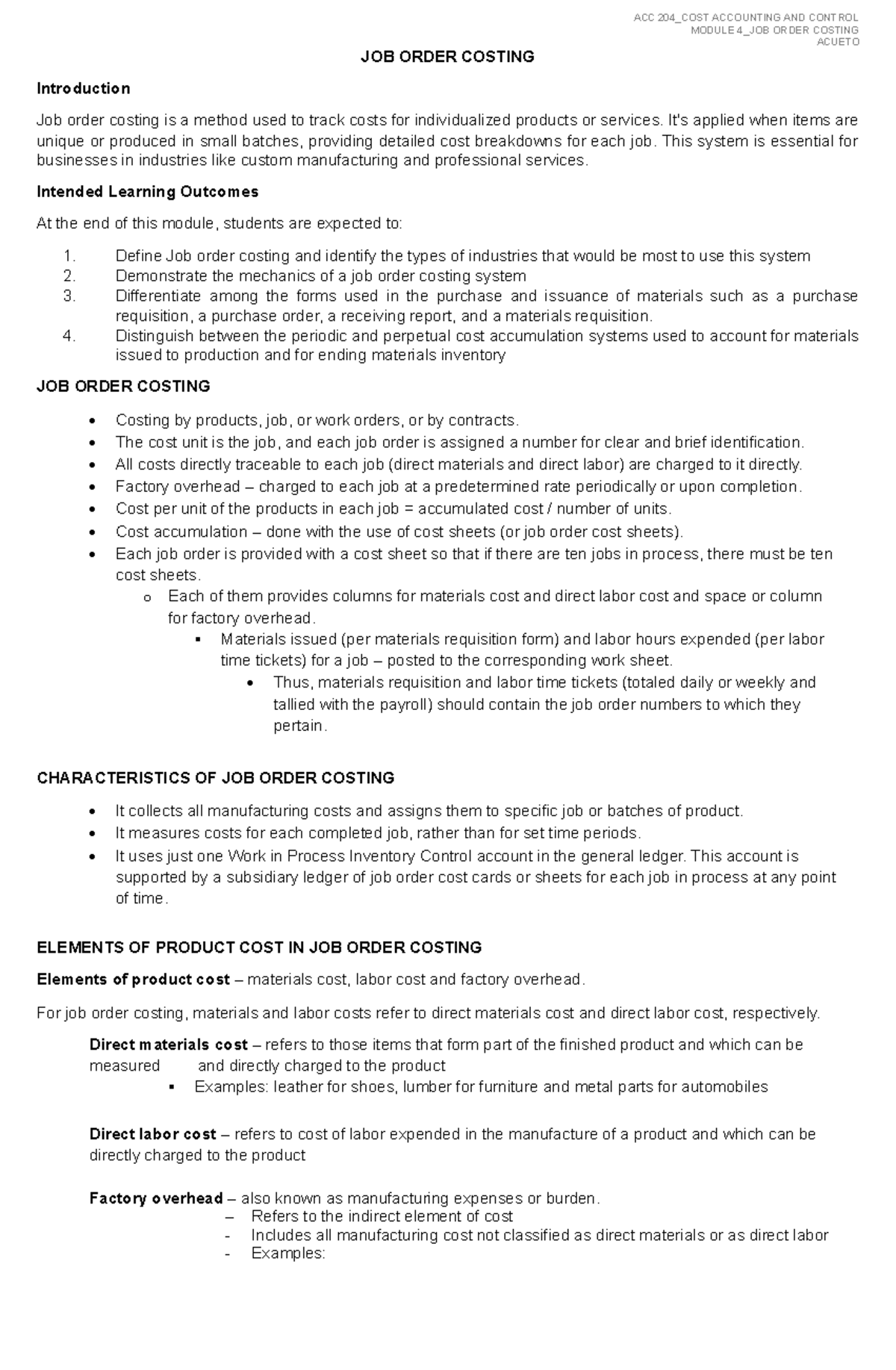 ACC 204_COST ACCOUNTING AND CONTROL MODULE 4_JOB ORDER COSTING - Studocu