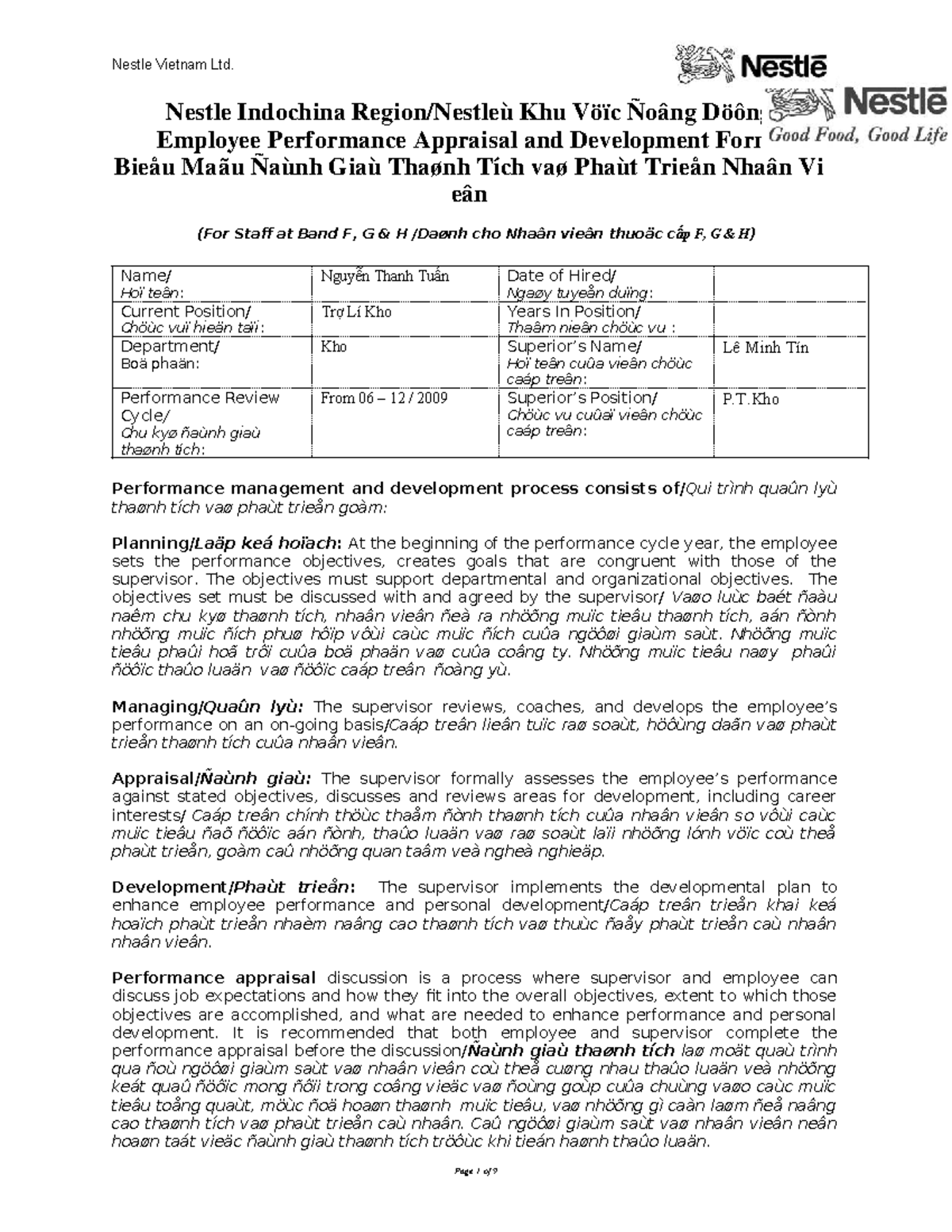 Nestle Vietnam Ltd. Employee Performance Appraisal (Dec 2008) - Studocu