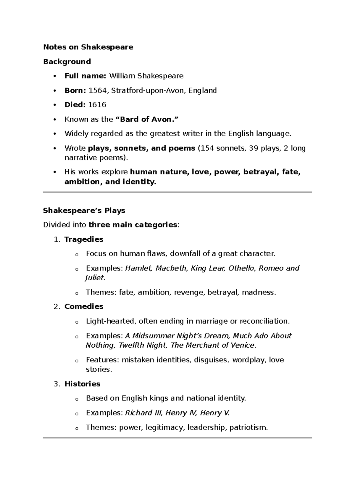 Shakespeare Background Notes: Key Themes & Play Categories - Studocu