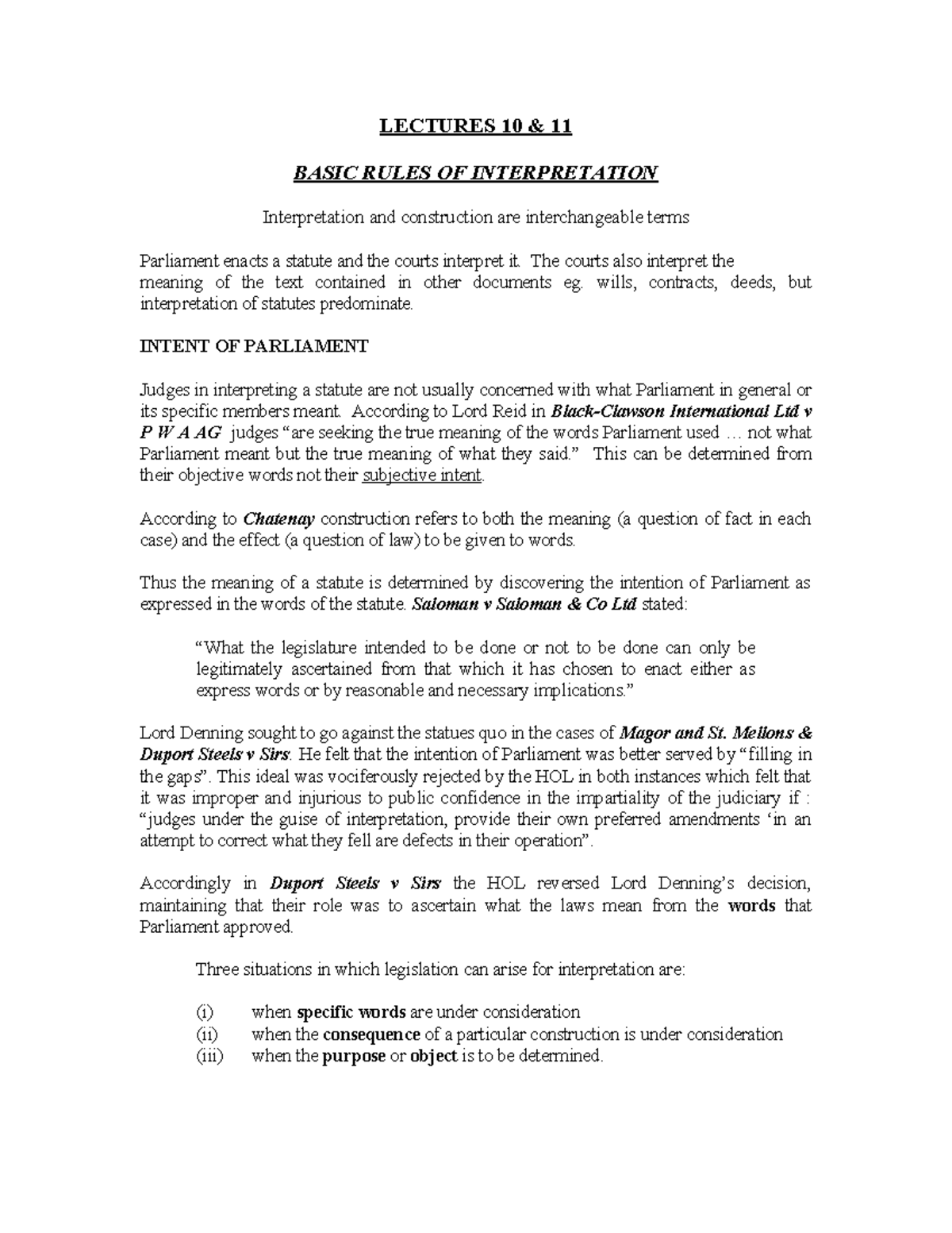 Lecture 10-11: Key Rules of Statutory Interpretation - Studocu