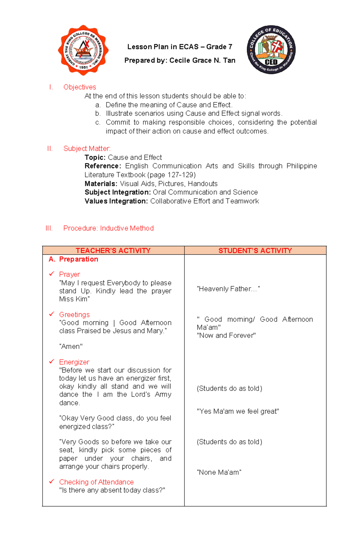 Cause and Effect Lp - Lesson Plan - Lesson Plan in ECAS – Grade 7 ...